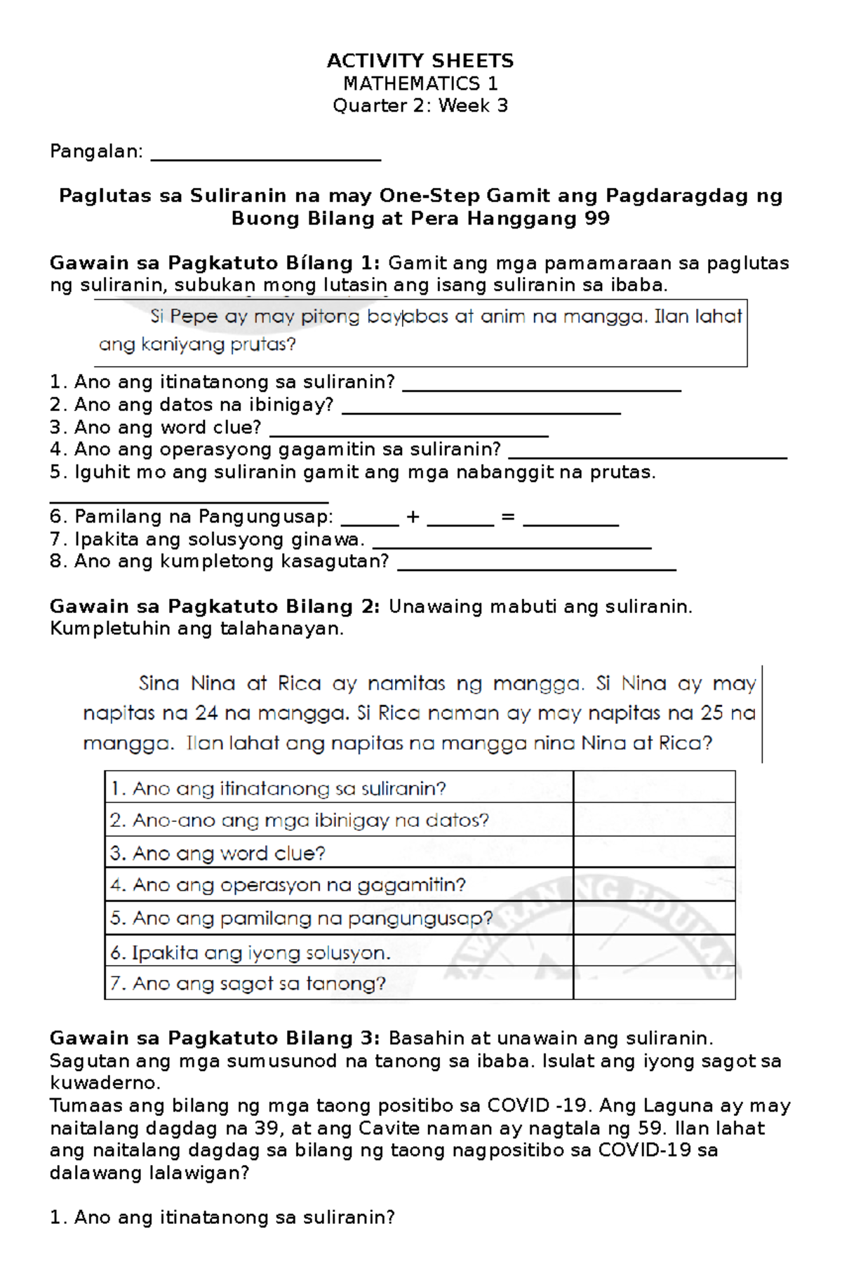 Mathematics 1 Activity Sheet Q2 W3 - ACTIVITY SHEETS MATHEMATICS 1 Quarter 2: Week 3 Pangalan ...