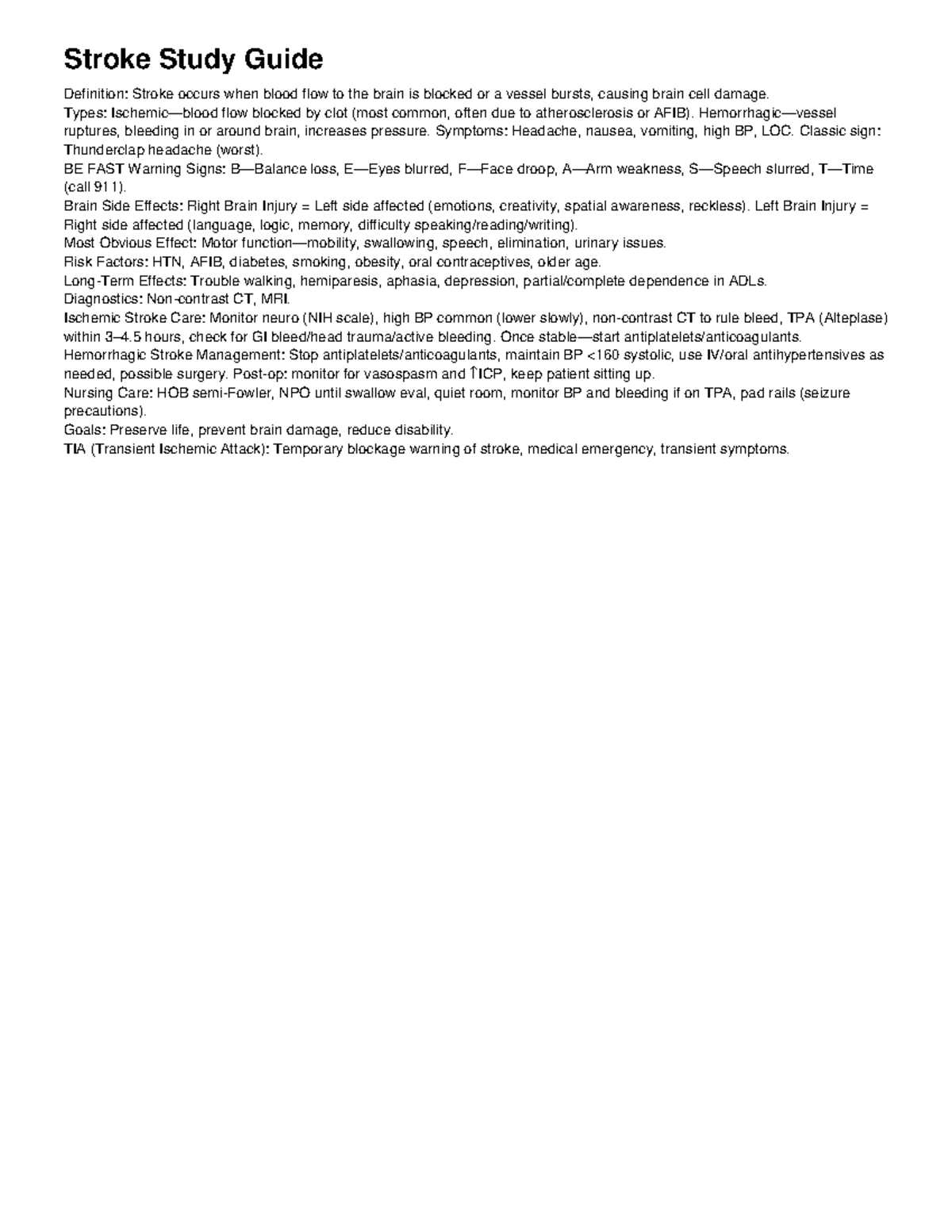 Stroke Study Guide: Definitions, Types, Symptoms & Care (MED 101) - Studocu