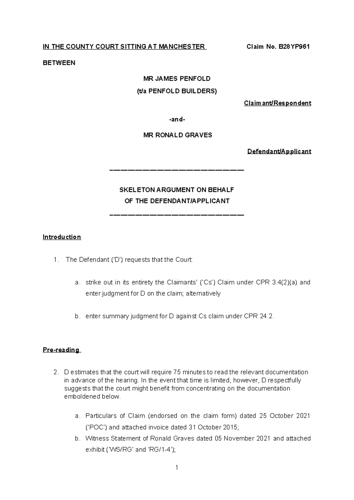 Skeleton Argument - Claim No. B28YP961: Final Submission for D - Studocu