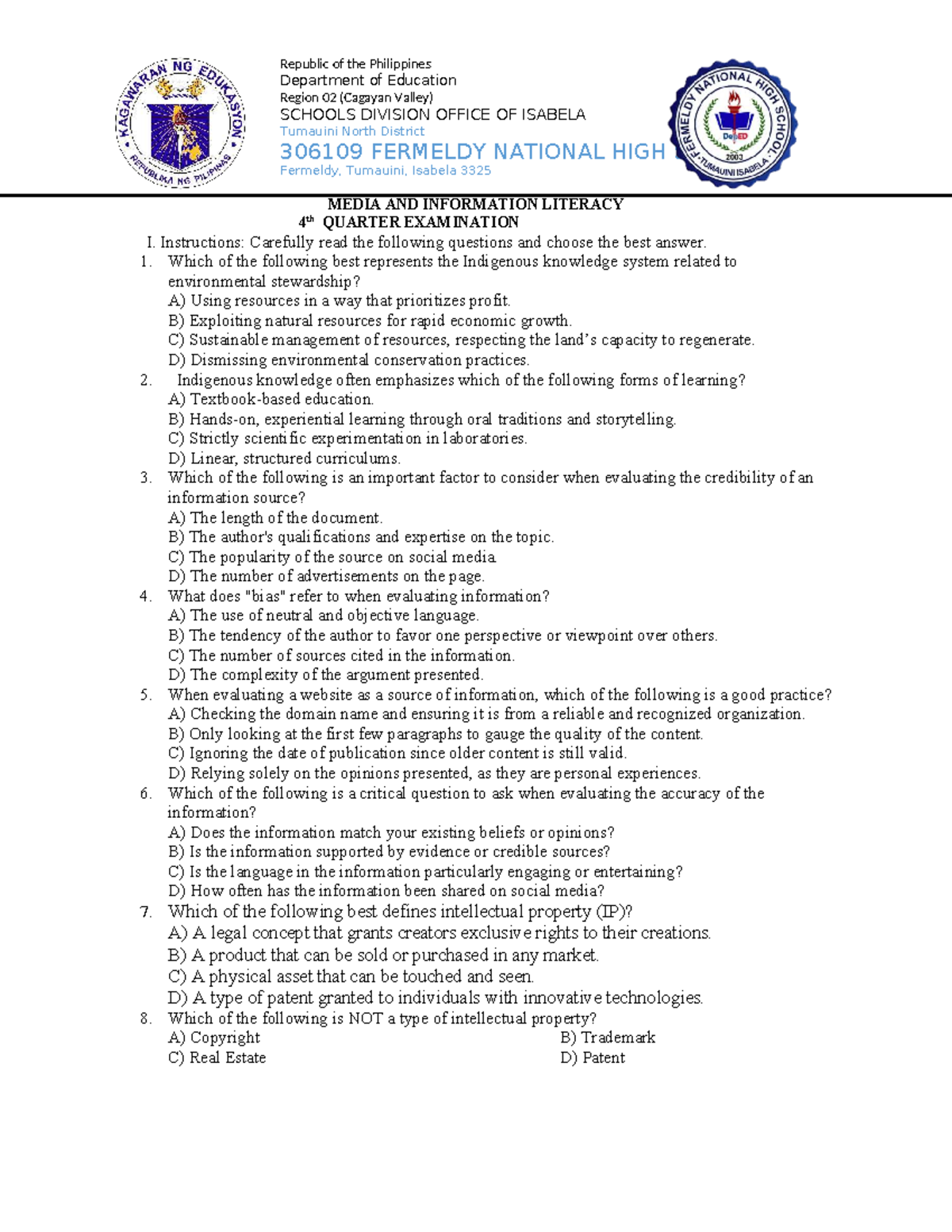 MIL 4th Quarter Exam 2024-25 - Sample Questions and Answers - Studocu