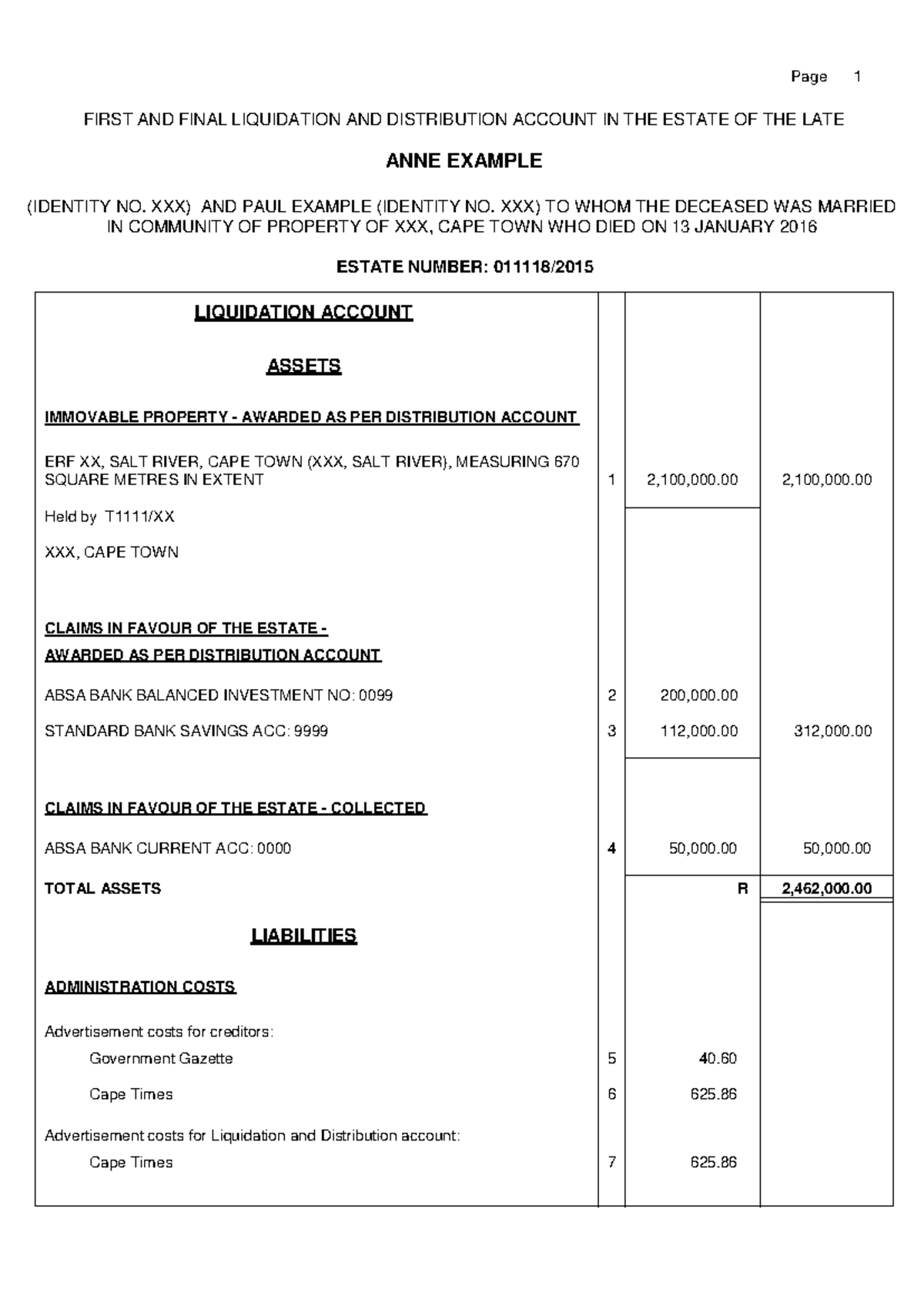 Liquidation and Distribution Account: Estate of Anne Example - Studocu