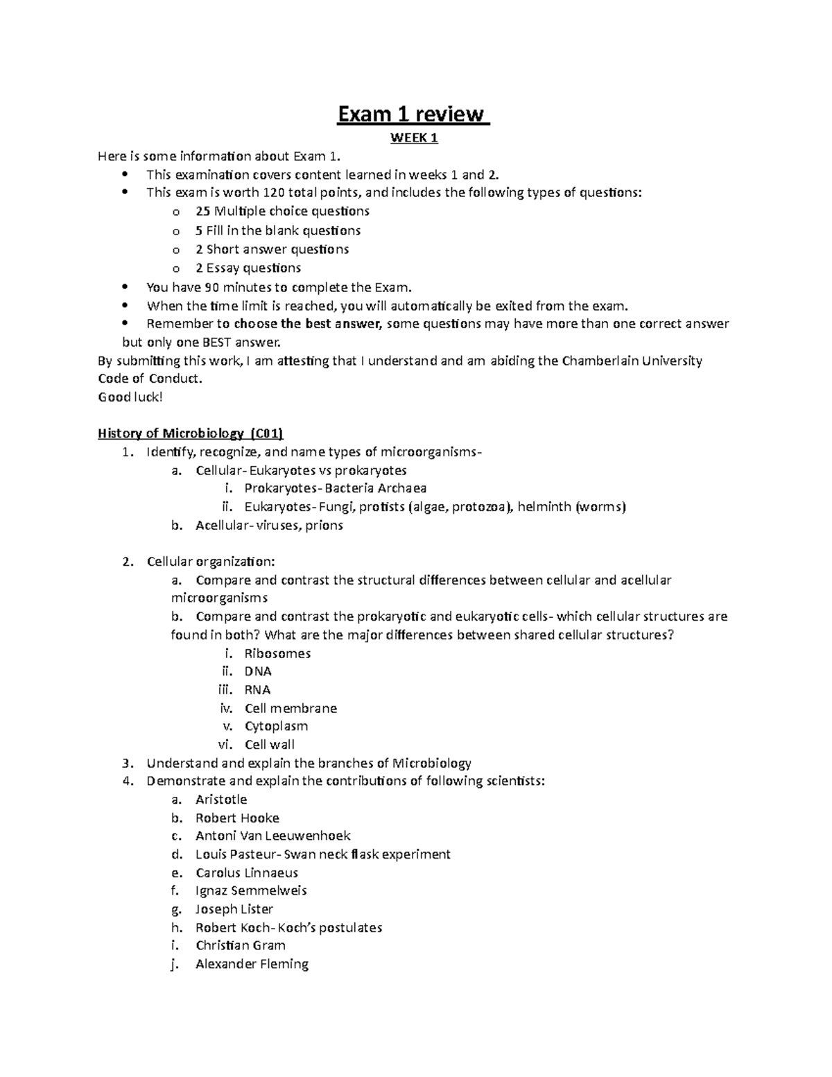 Exam 1 Review: Microbiology Fundamentals (C01) - Weeks 1 & 2 - Studocu