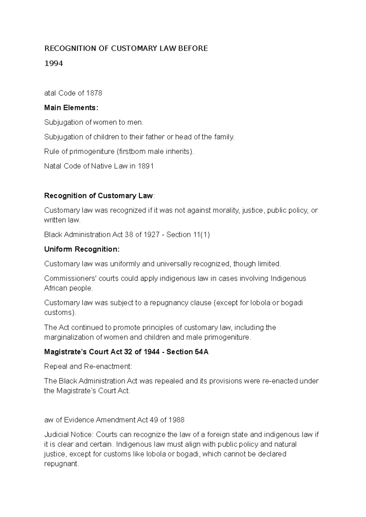 Recognition of Customary Law in South Africa: Pre-1994 Overview - Studocu