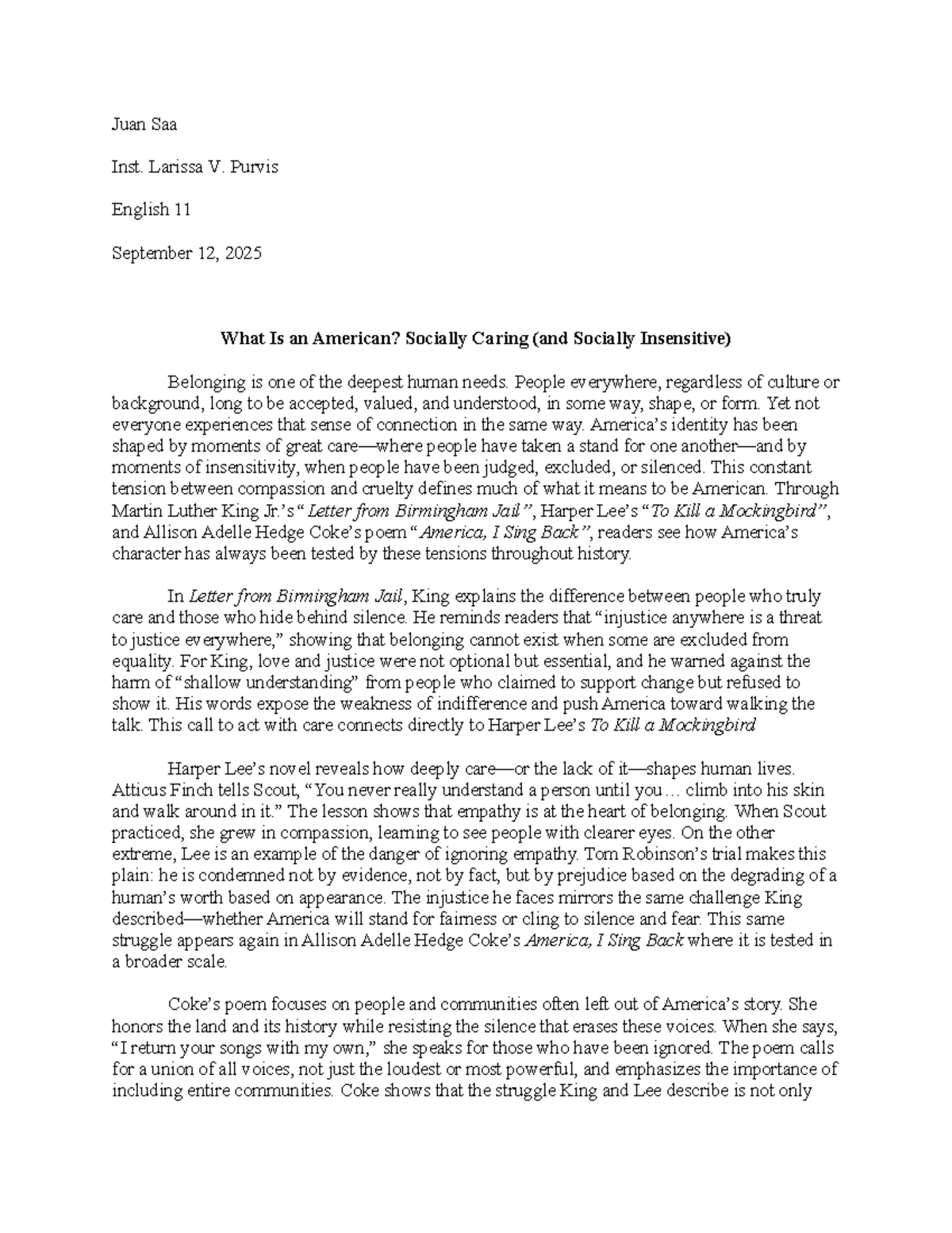 English 11 Essay: Exploring Social Care and Insensitivity in America ...