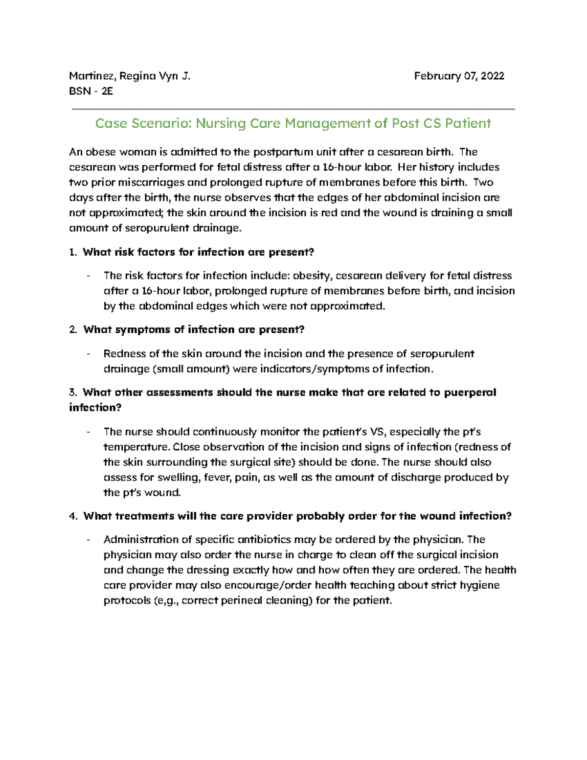 Case Scenario - Nursing Care Management of Post CS Patient - Martinez ...