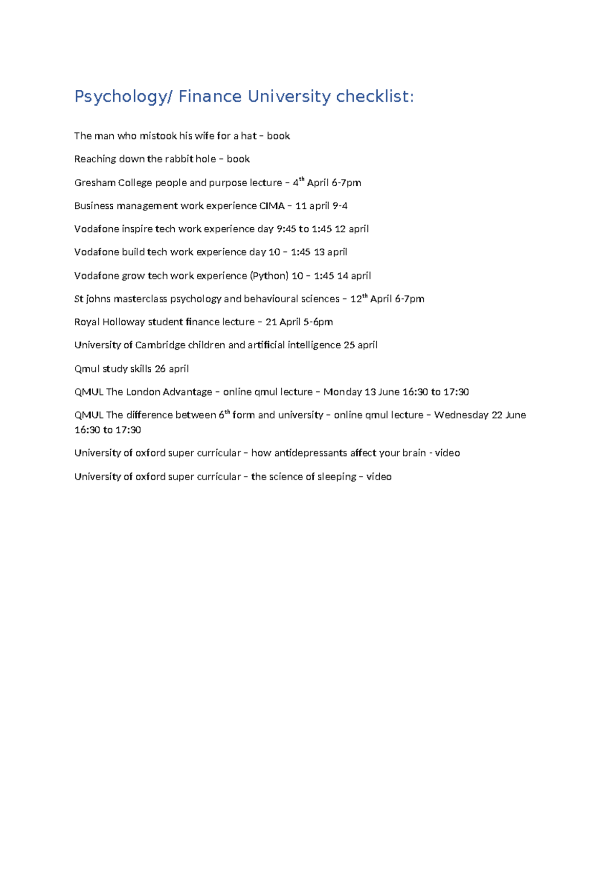 Psychology Course Checklist: Key Lectures & Events - Studocu