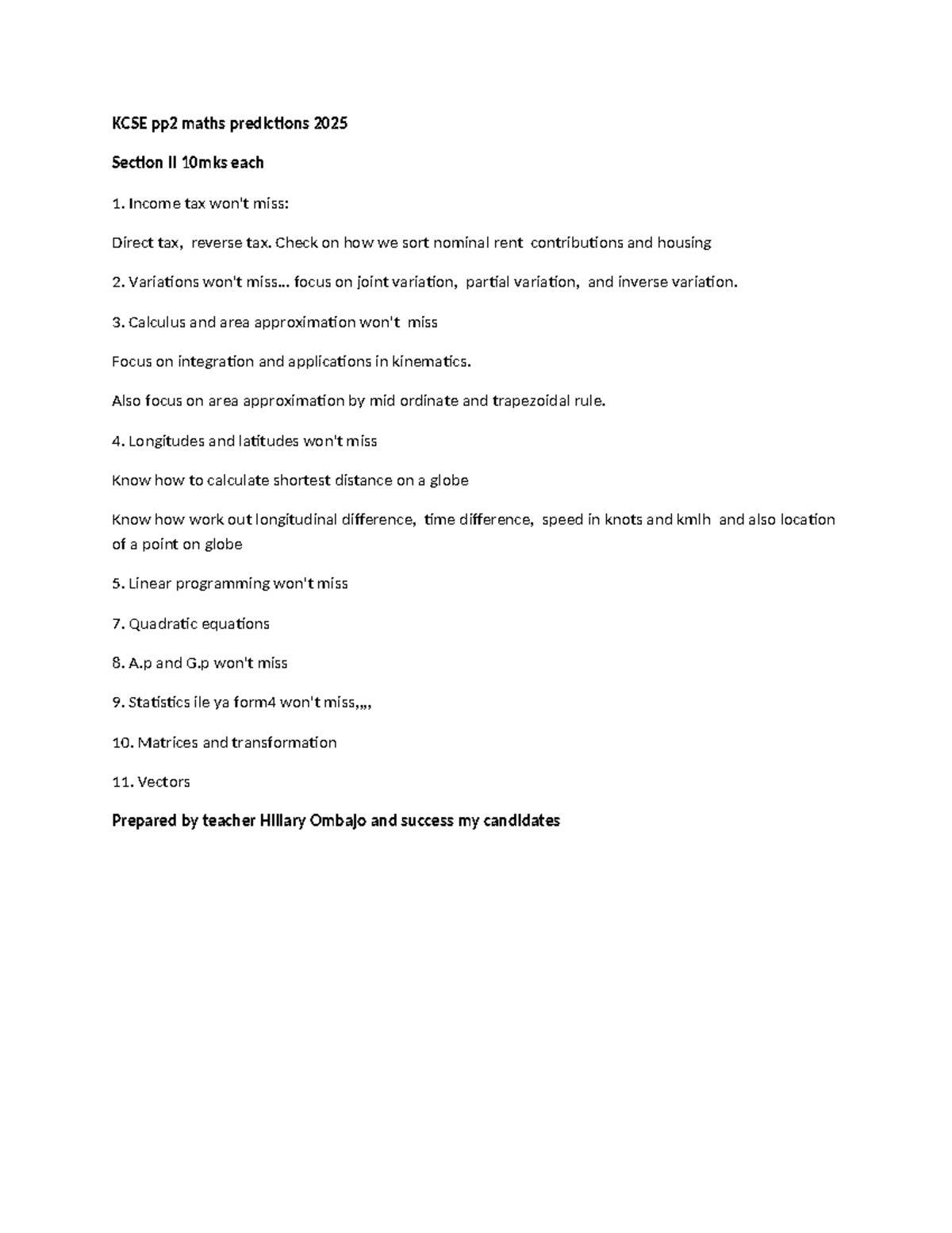 KCSE pp2 Maths Predictions 2025: Section II Key Topics for Success ...