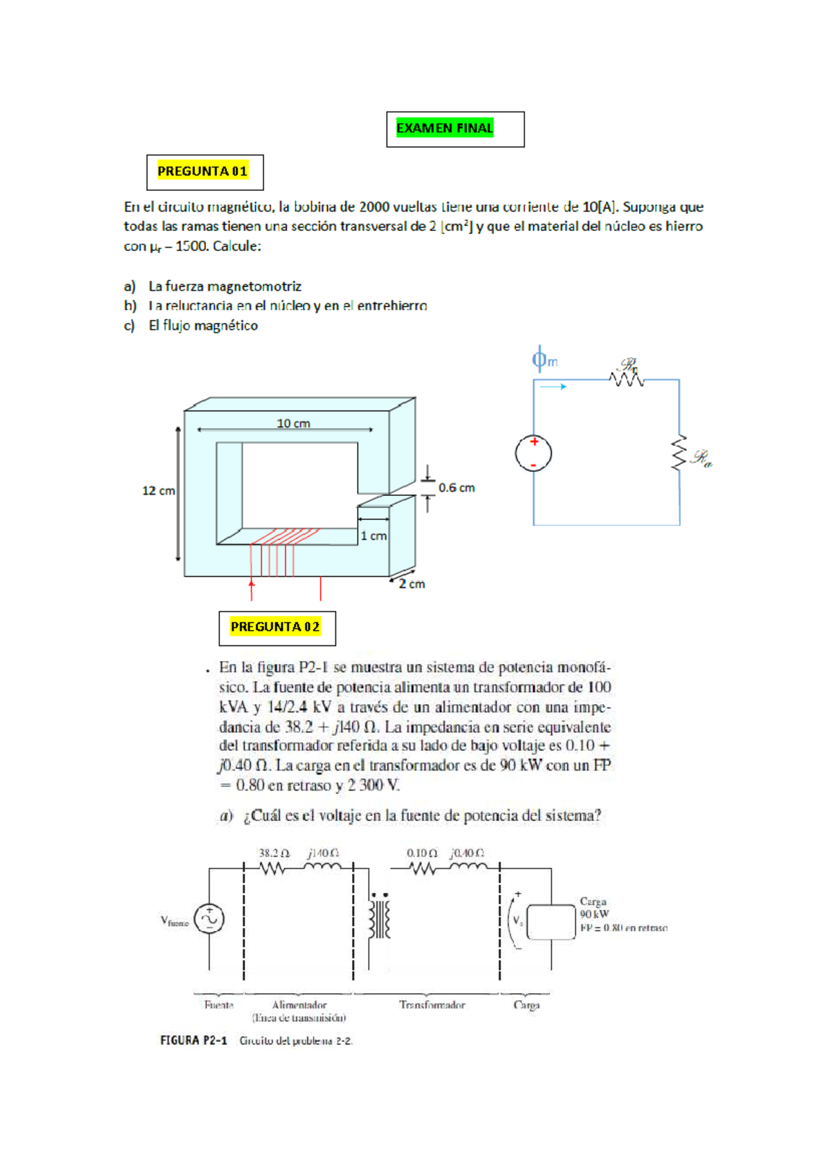 Examen Final Seccion 9728 - Máquinas Eléctricas Estáticas y Rotativas - PREGUNTA 01 PREGUNTA 02 ...