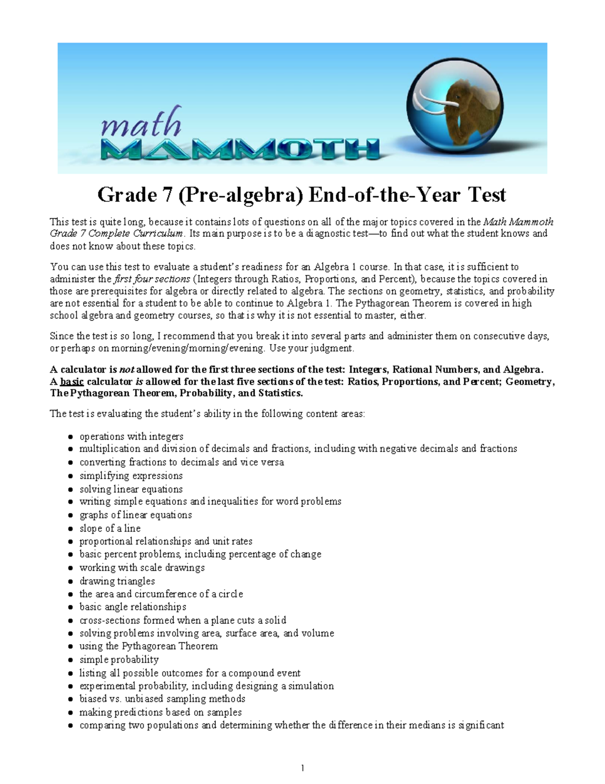Grade 7 Math End-of-Year Test: Diagnostic Assessment for Algebra 1 ...