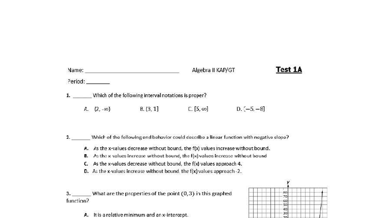 Cumulative Quiz Practice for Algebra II (Test 1A) - Studocu