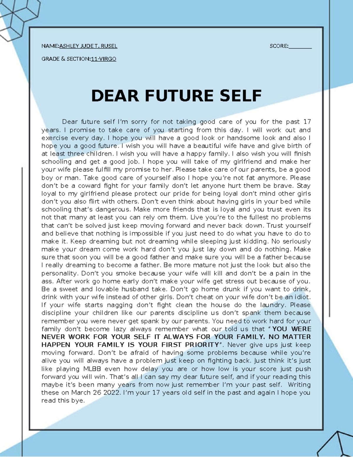 Dear Future Self: A Letter of Promises and Reflections - Studocu