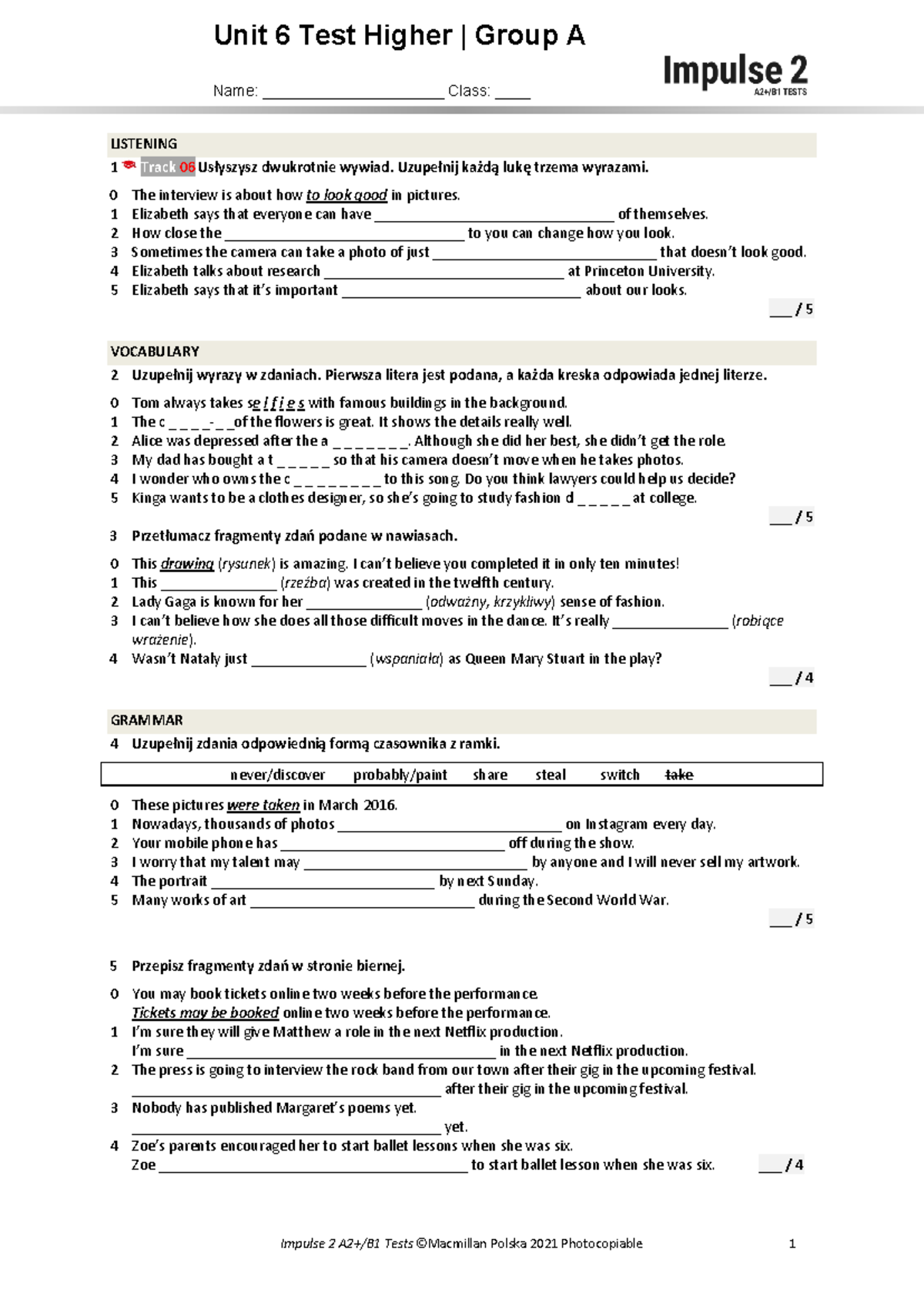 Unit 6 Test Higher A - Impulse 2 A2+/B1 Exam Review - Studocu