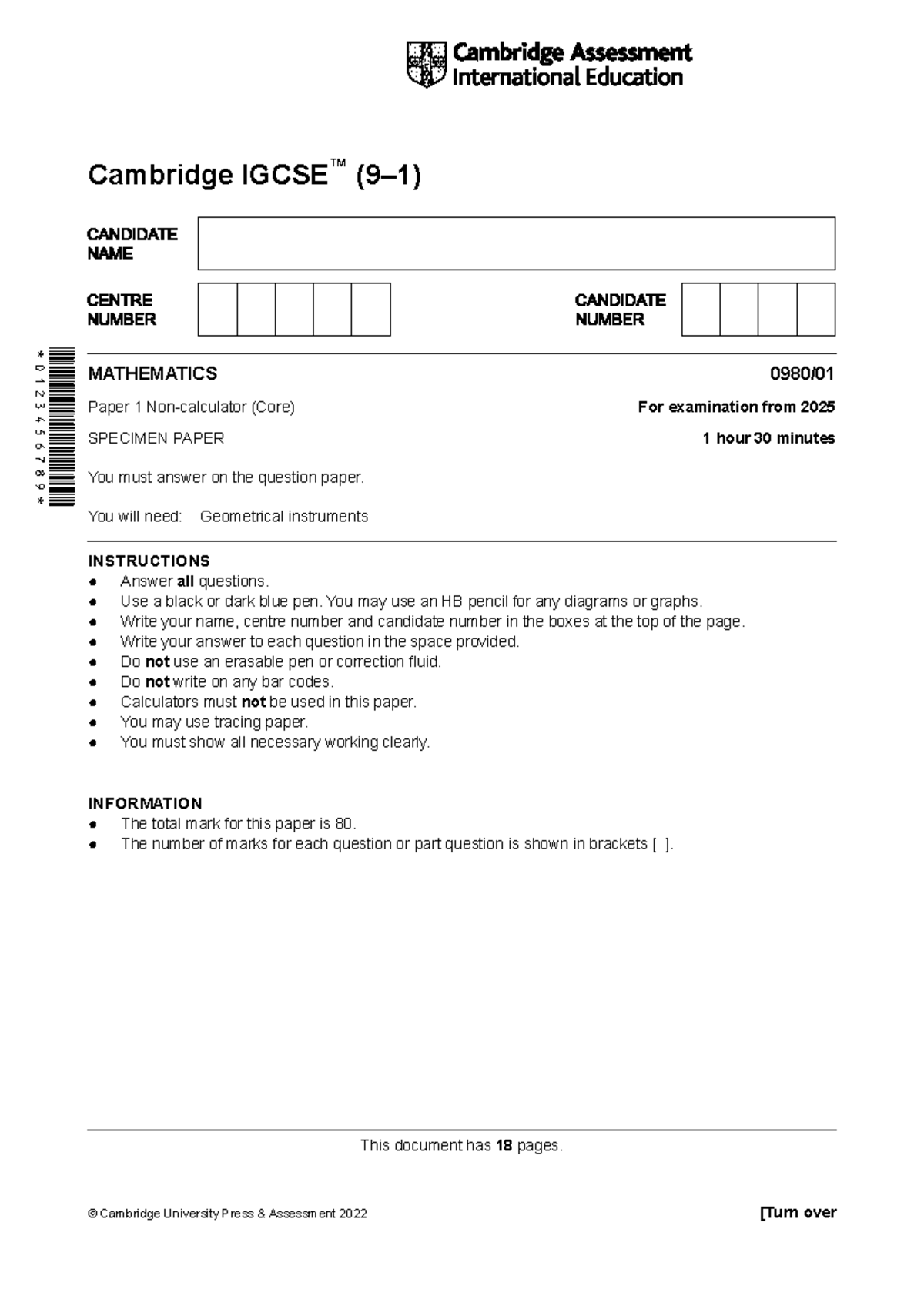 Cambridge IGCSE 0980/01 Specimen Paper 1 Non-Calculator 2025 - Studocu