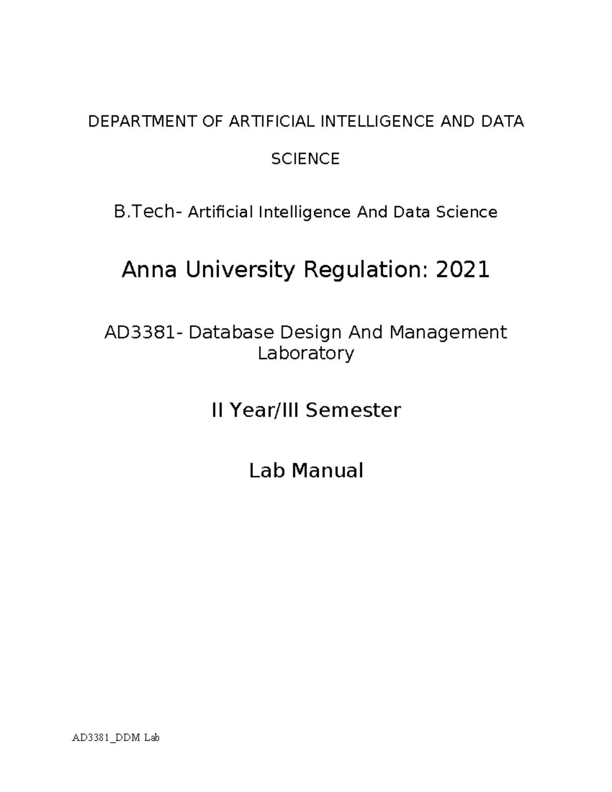 AD3381_DDM Lab Manual: Database Design & Management Techniques - Studocu