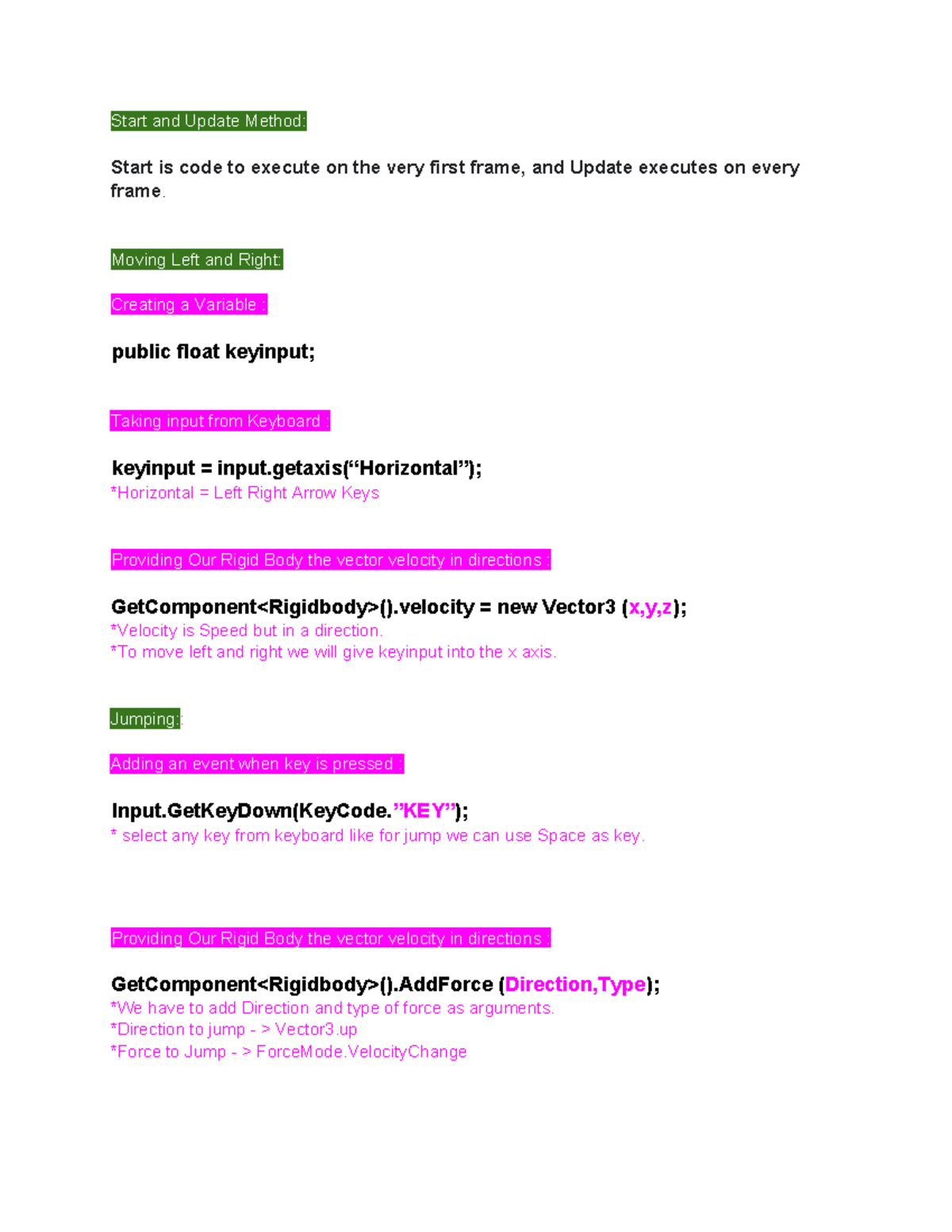 Unity code notes 1: Start and update methods for movement and jumping ...