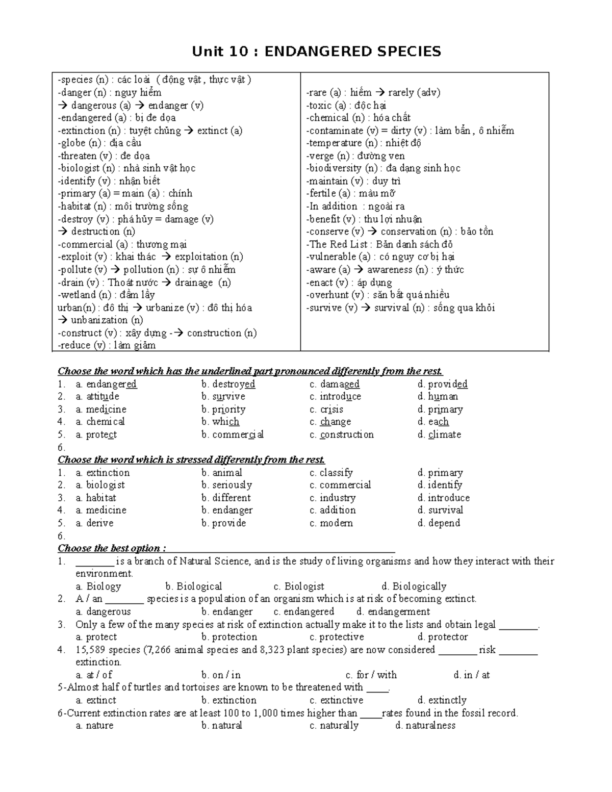 Unit 10: Endangered Species - Vocabulary and Exercises (Hk2-English 12 ...