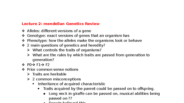 Bio 101: Lecture 2 - Mendelian Genetics Review and Key Concepts - Studocu