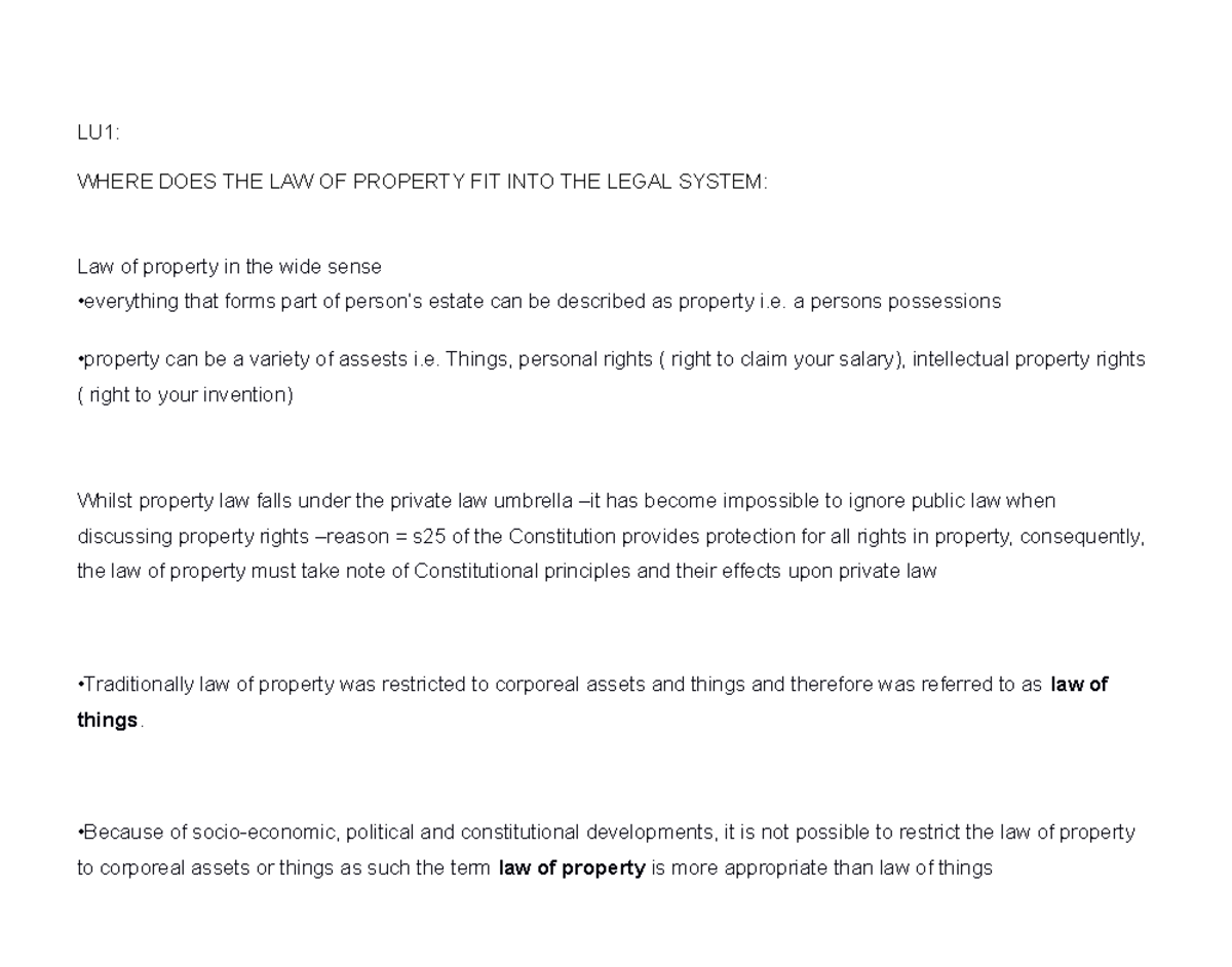 LU1 - Essential Notes on Introduction to Property Law Concepts - Studocu