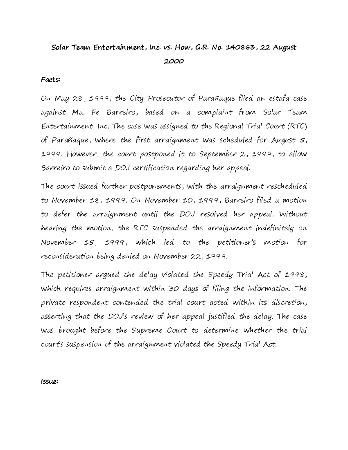 G.R. No. 140863: Speedy Trial Act Violation in Estafa Case - Studocu