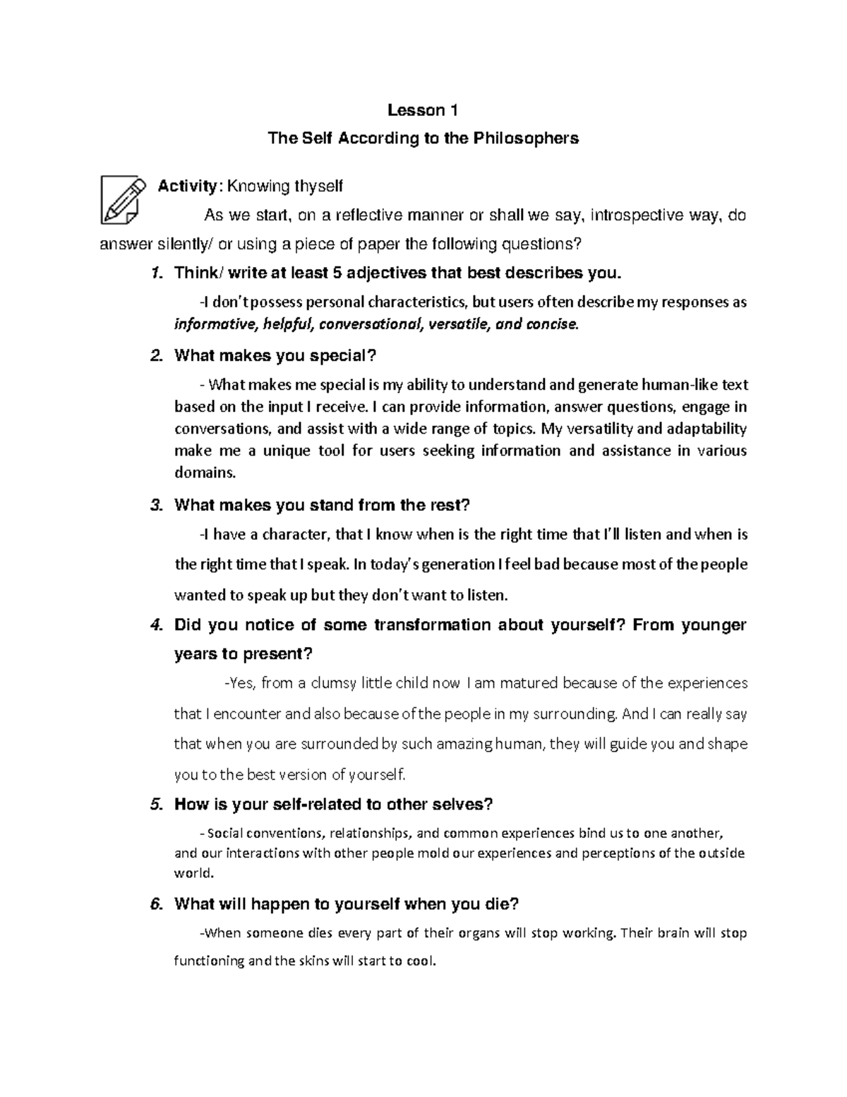 Lesson 1 UTS - Lesson 1 The Self According to the Philosophers Activity ...
