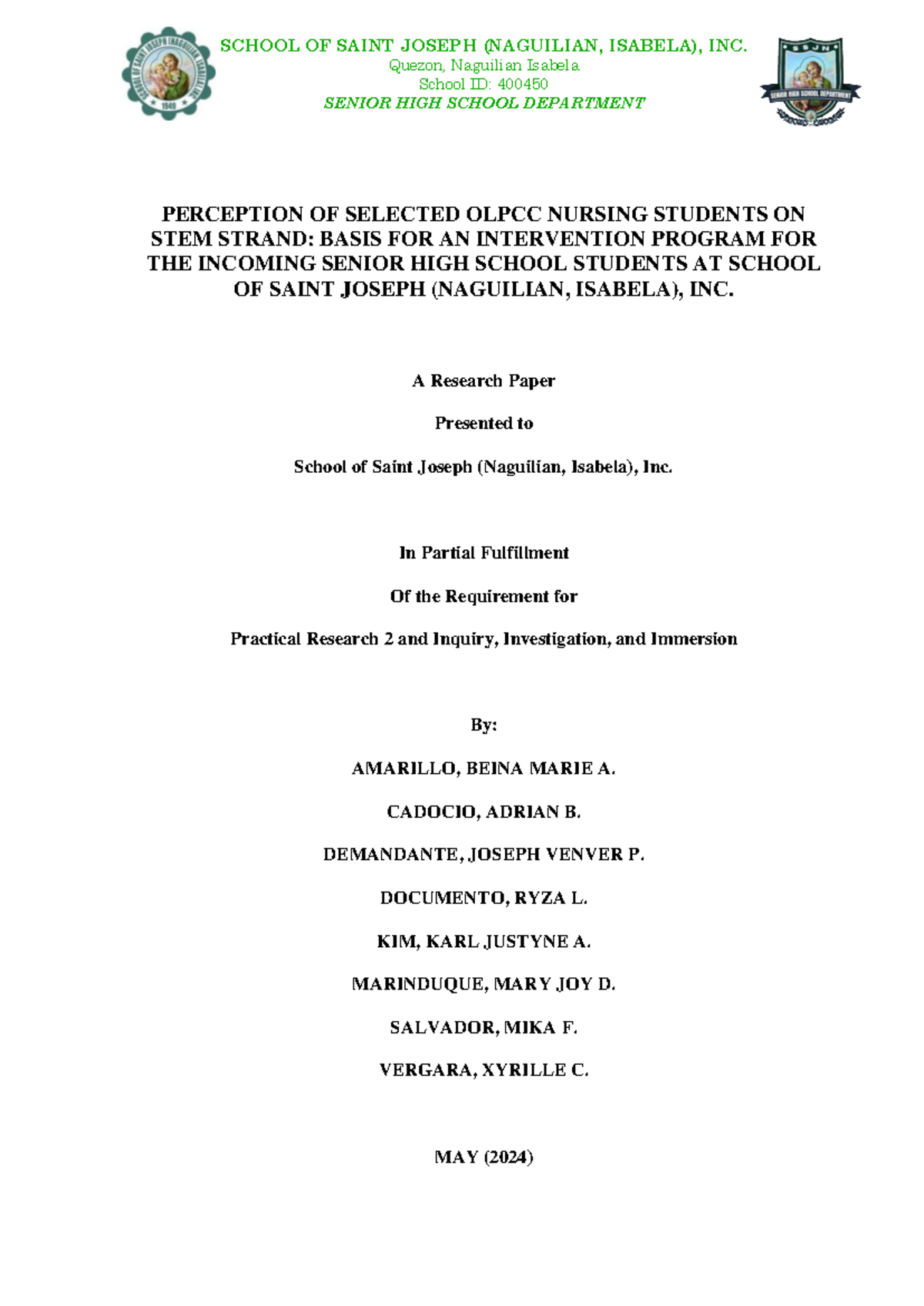 Perceptions of OLPCC Nursing Students on STEM Strand: A Basis for ...