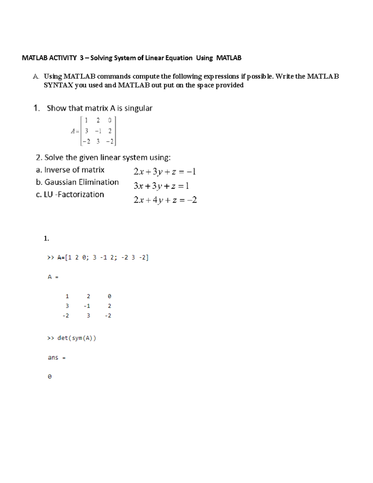 Solving System of Linear Equation in Matlab - Linear Algebra With Matlab - TIP - Studocu