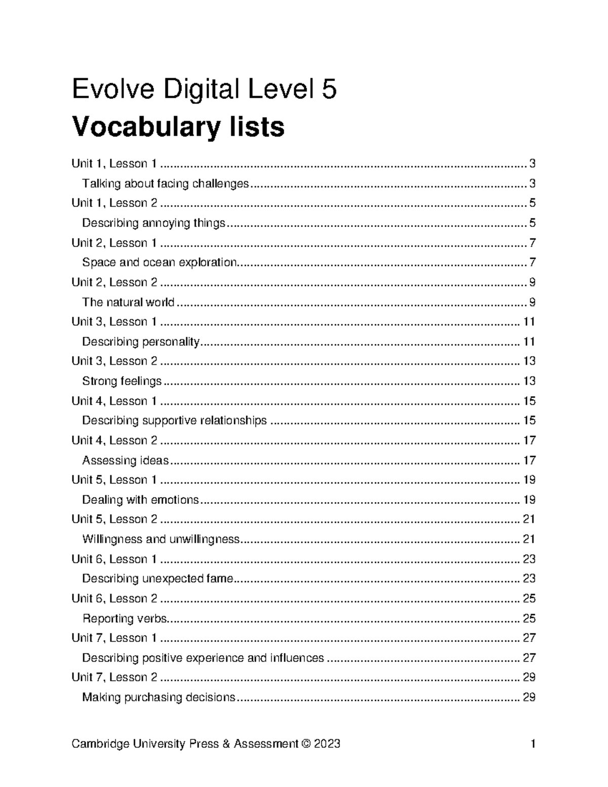 Evolve Digital Level 5 Vocabulary Lists: Key Lessons and Terms - Studocu