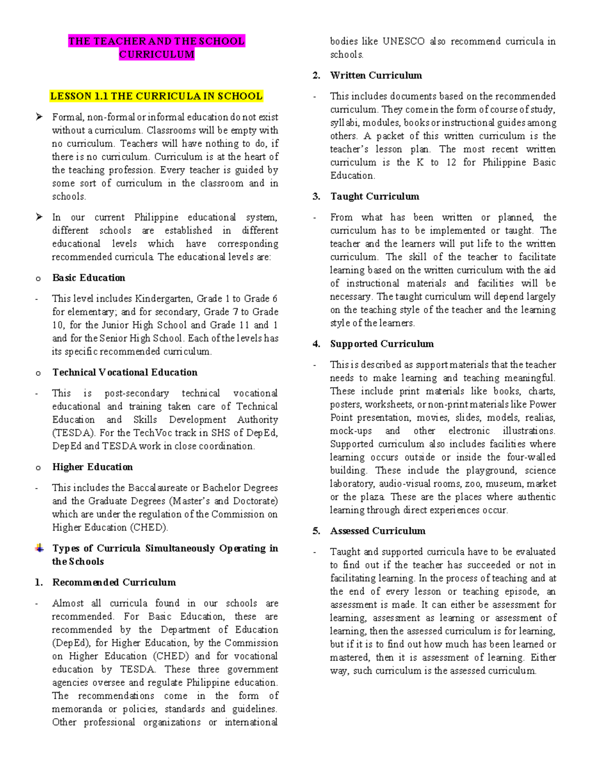 THE Teacher AND THE School Curriculum Notes 1 - THE TEACHER AND THE ...