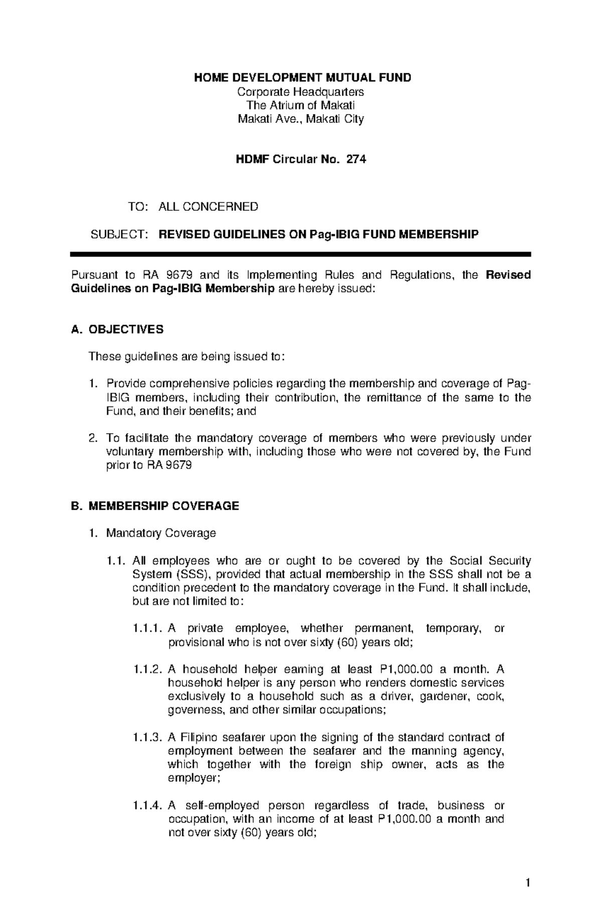 HDMF Circular No. 274 - Revised Guidelines on Pag-IBIG Fund Membership ...