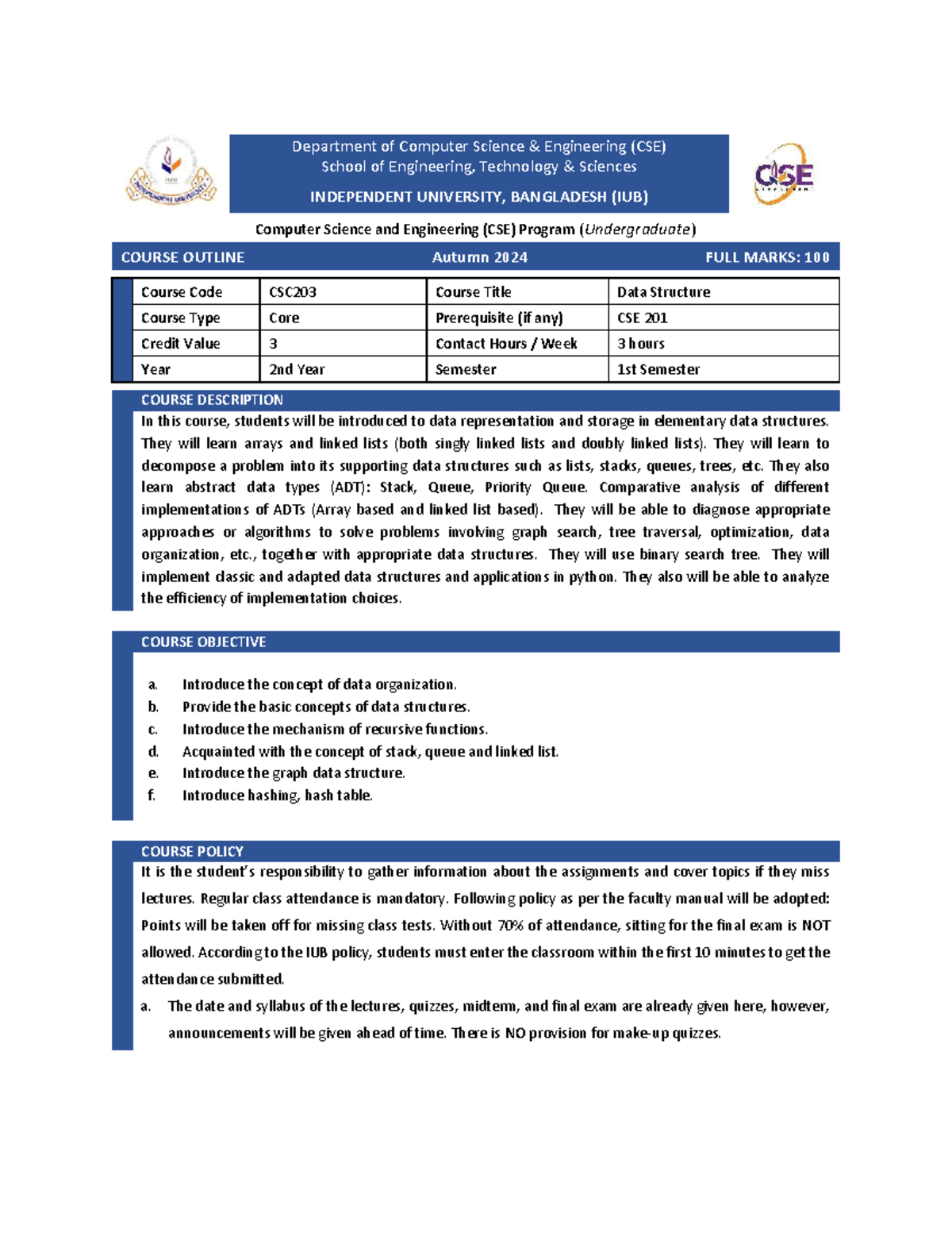 CSC203 Data Structure Course Outline - Autumn 2024 - Studocu