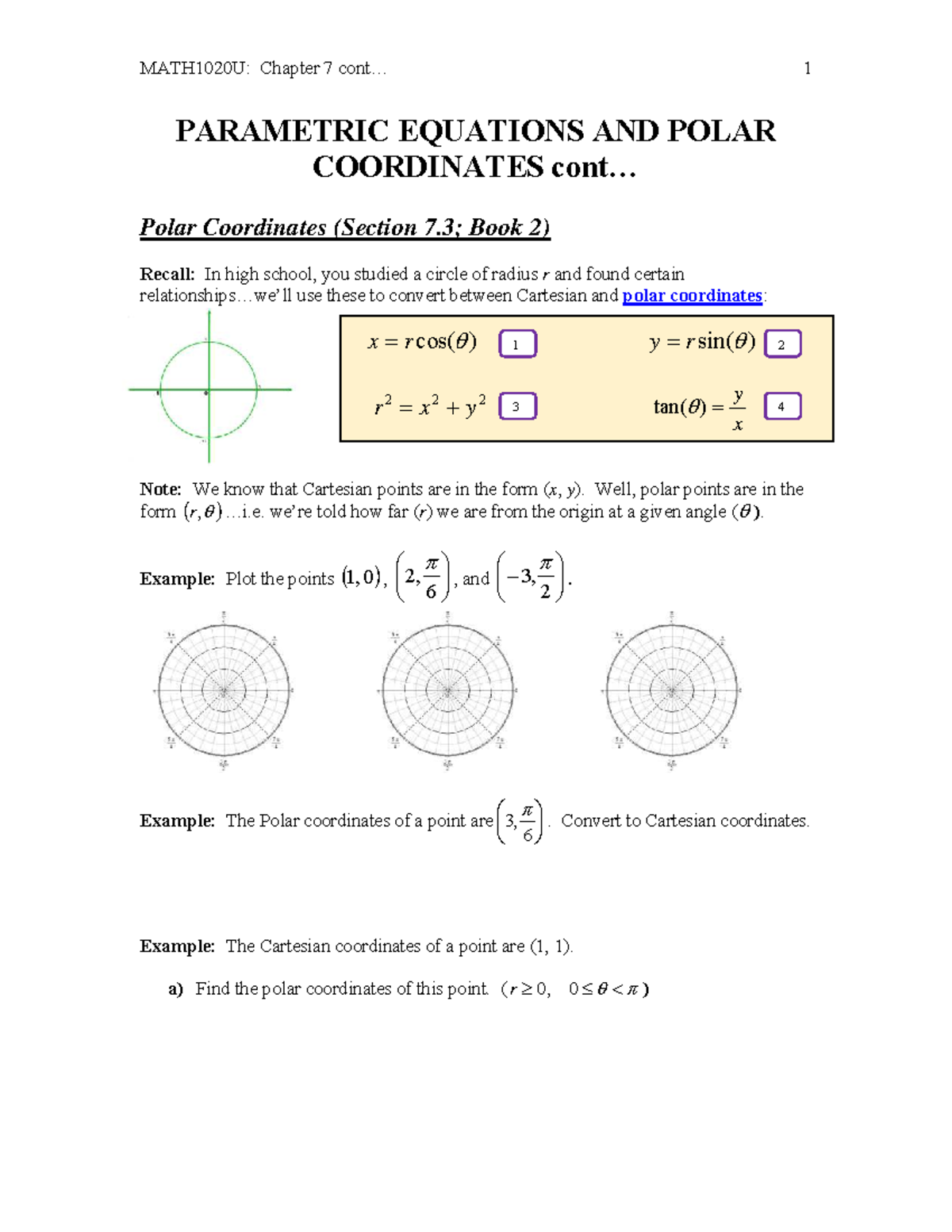 MATH1020U: Chapter 7 - Parametric Equations & Polar Coordinates - Studocu