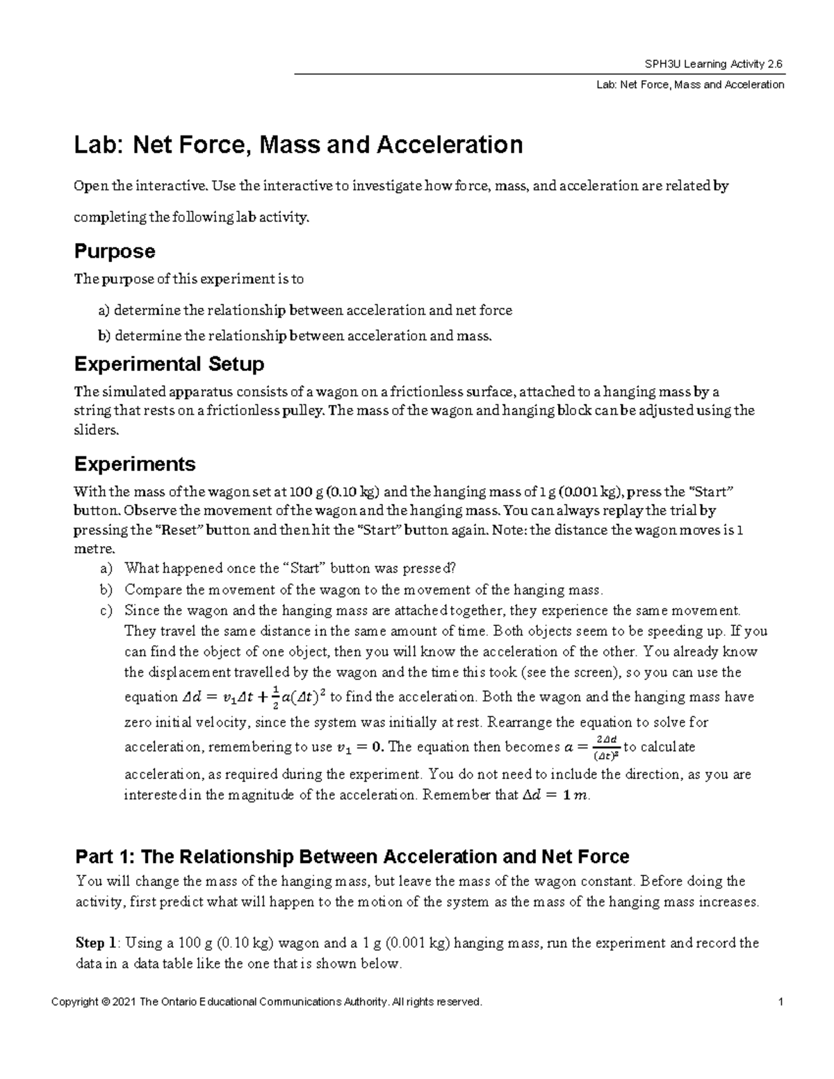SPH3U Lab: Investigating Net Force, Mass & Acceleration Relationships ...