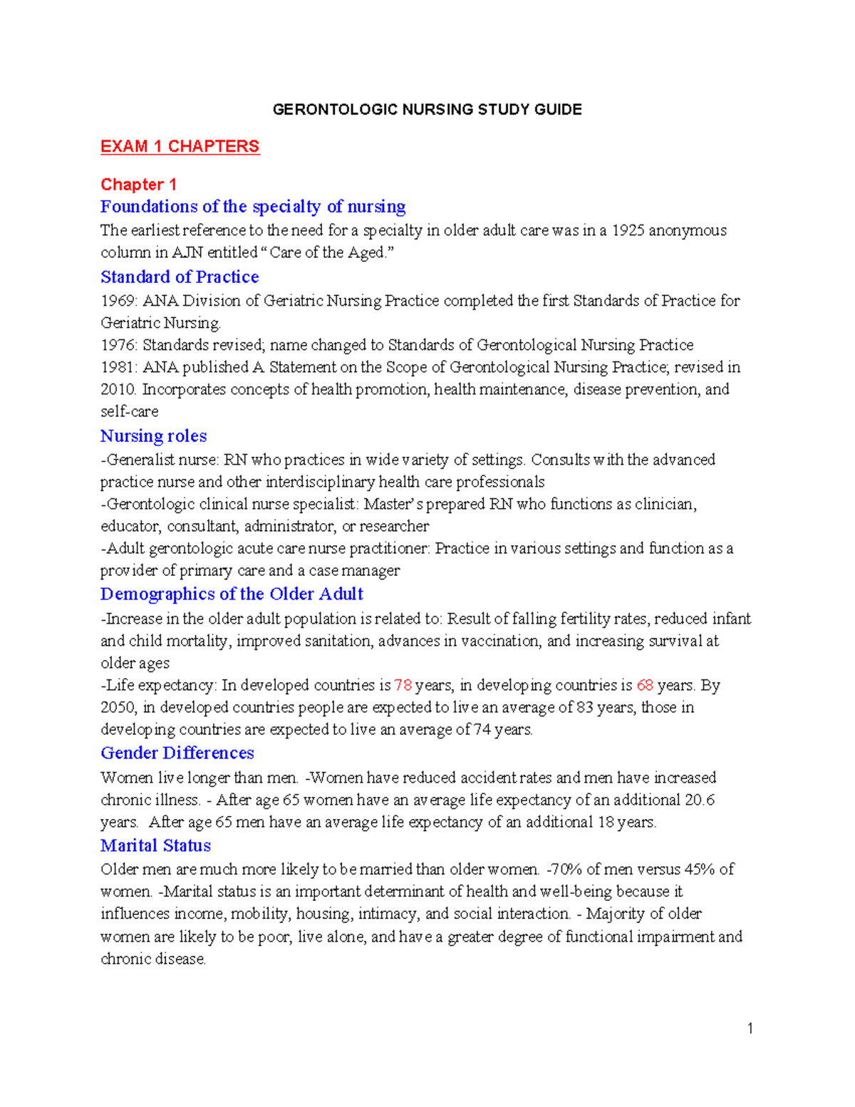 GERO 101: Comprehensive Study Guide for Gerontologic Nursing Exam 1 ...