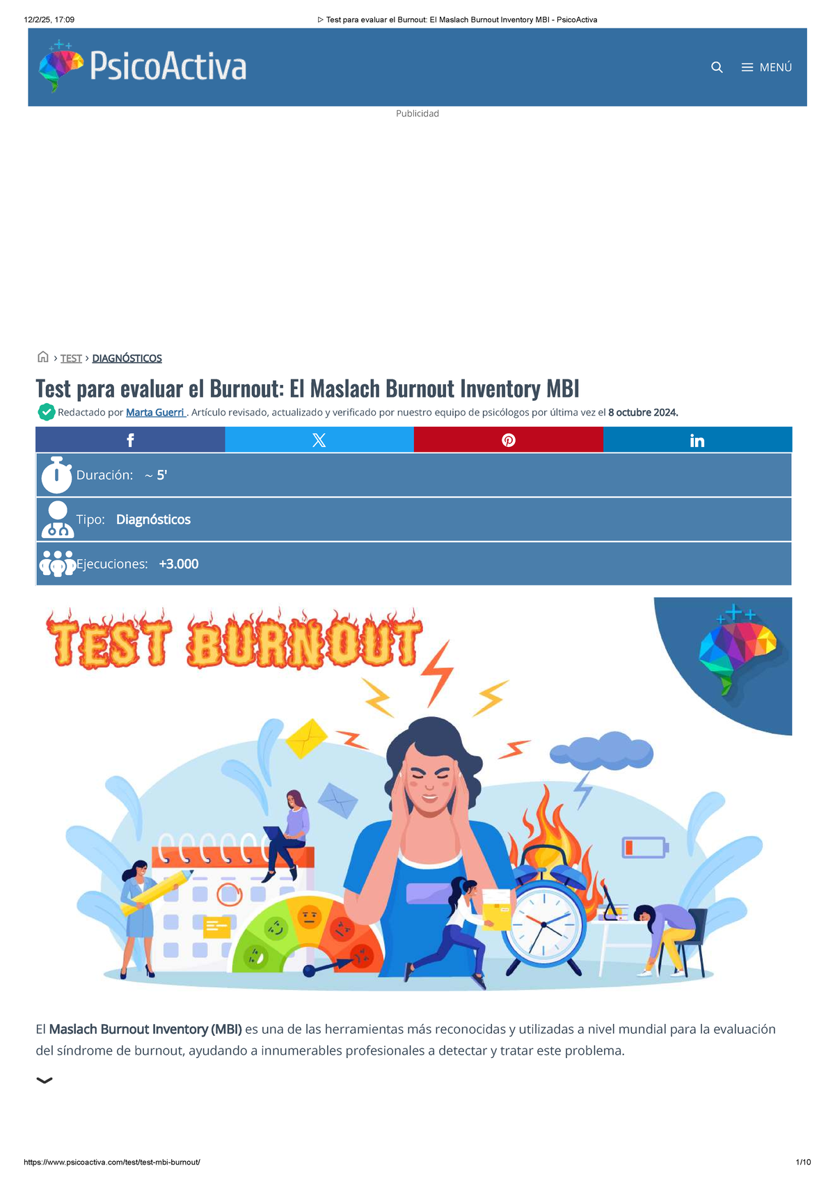 Test para Evaluar el Burnout: Maslach Burnout Inventory (MBI) - Studocu