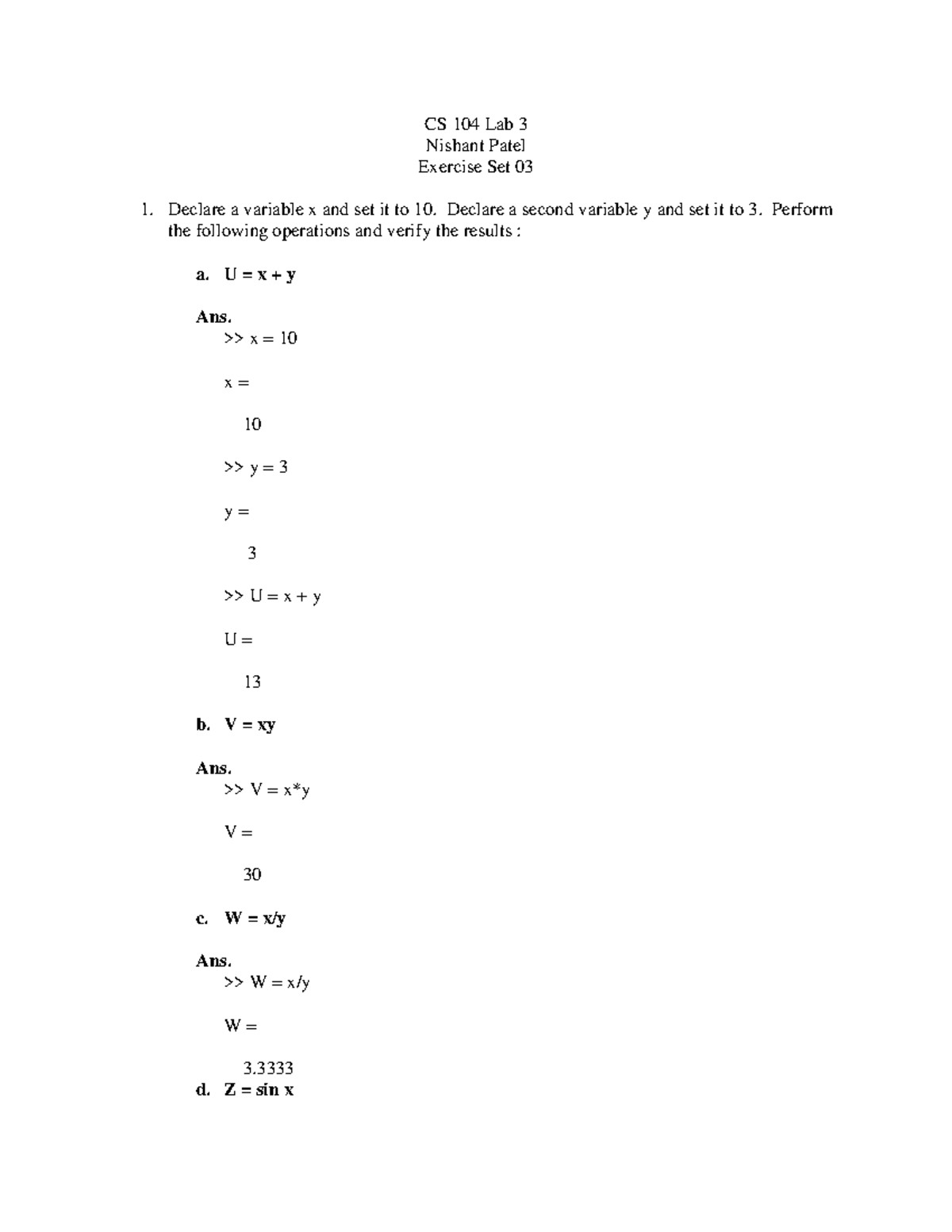CS 104 Lab 3 exe set 3 - CS 104 Lab 3 Nishant Patel Exercise Set 03 ...