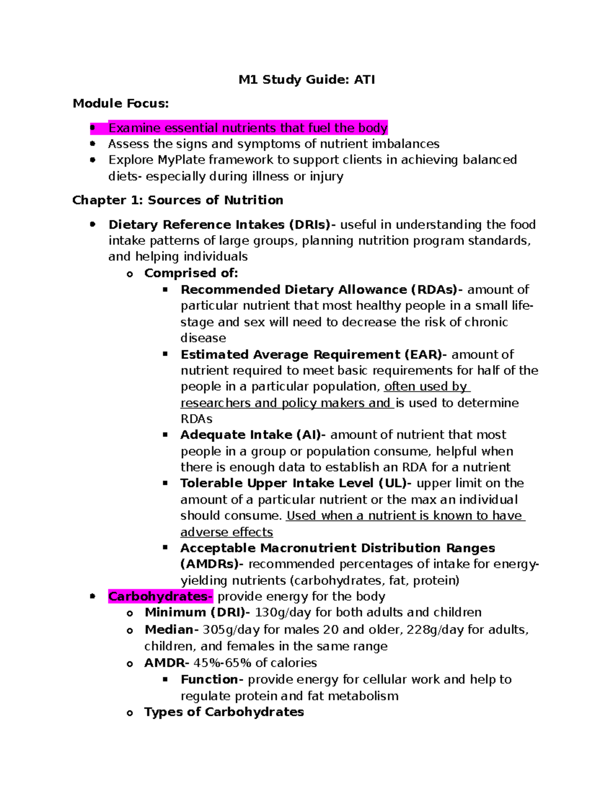 M1 Study Guide: Essential Nutrients & MyPlate Framework Overview - Studocu