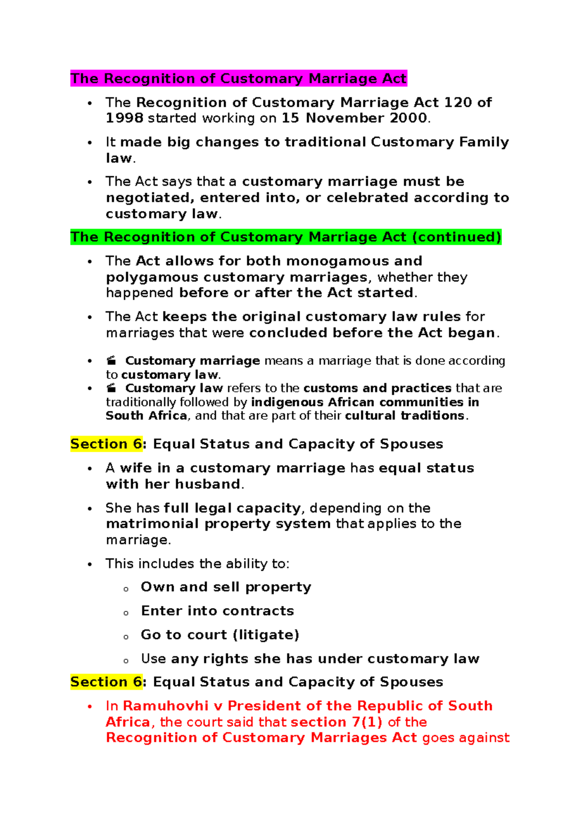 Customary Marriage Act 120 of 1998: Key Insights and Implications - Studocu