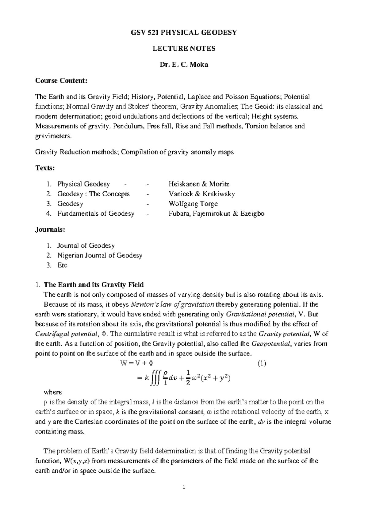 GSV 521 Physical Geodesy Lecture Notes Overview & Key Concepts - Studocu