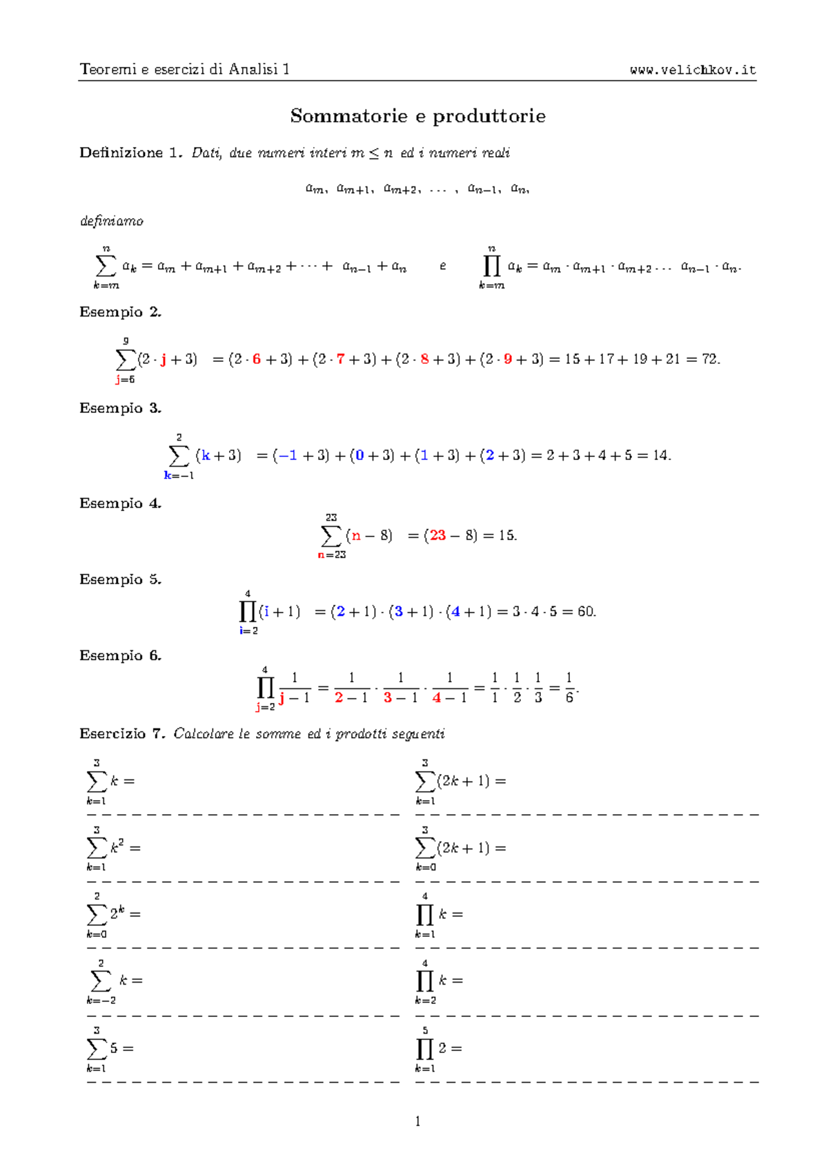 Sommatorie e Produttorie in Analisi 1: Esercizi e Teoremi - Studocu
