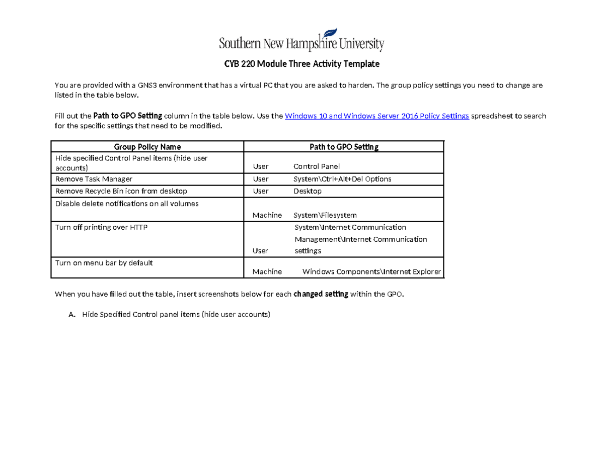 CYB 220 M3 Activity - GPO Hardening Assignment Details - Studocu