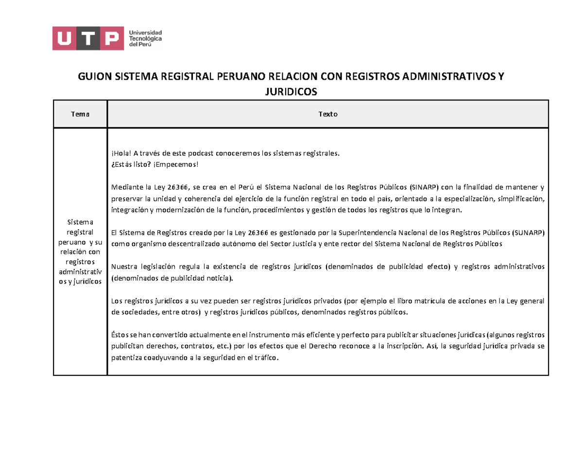 GUION SISTEMA REGISTRAL PERUANO Y SU RELACIÓN CON REGISTROS ...