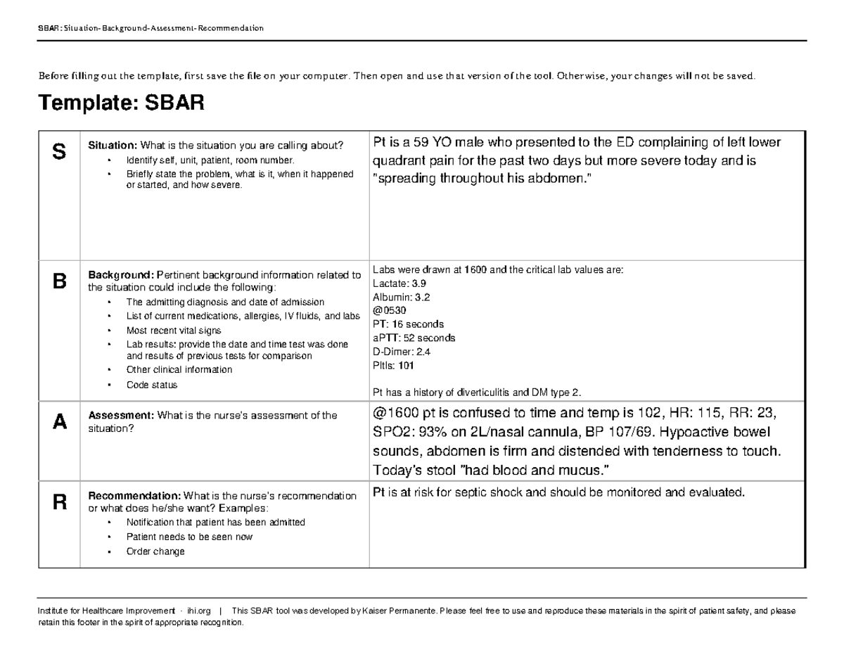 SBAR template Shock - SBAR: Situation-Background-Assessment ...