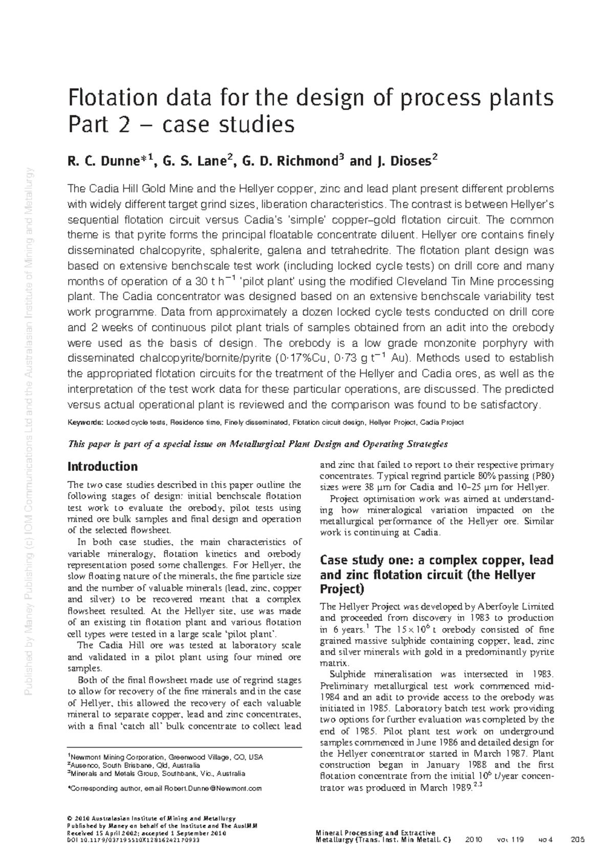 Flotation data for design of process plants-dunne 2 - Published by ...