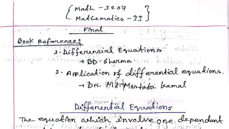 E Math 1207 Mathematics II Final Exam: Differential Equations Notes ...