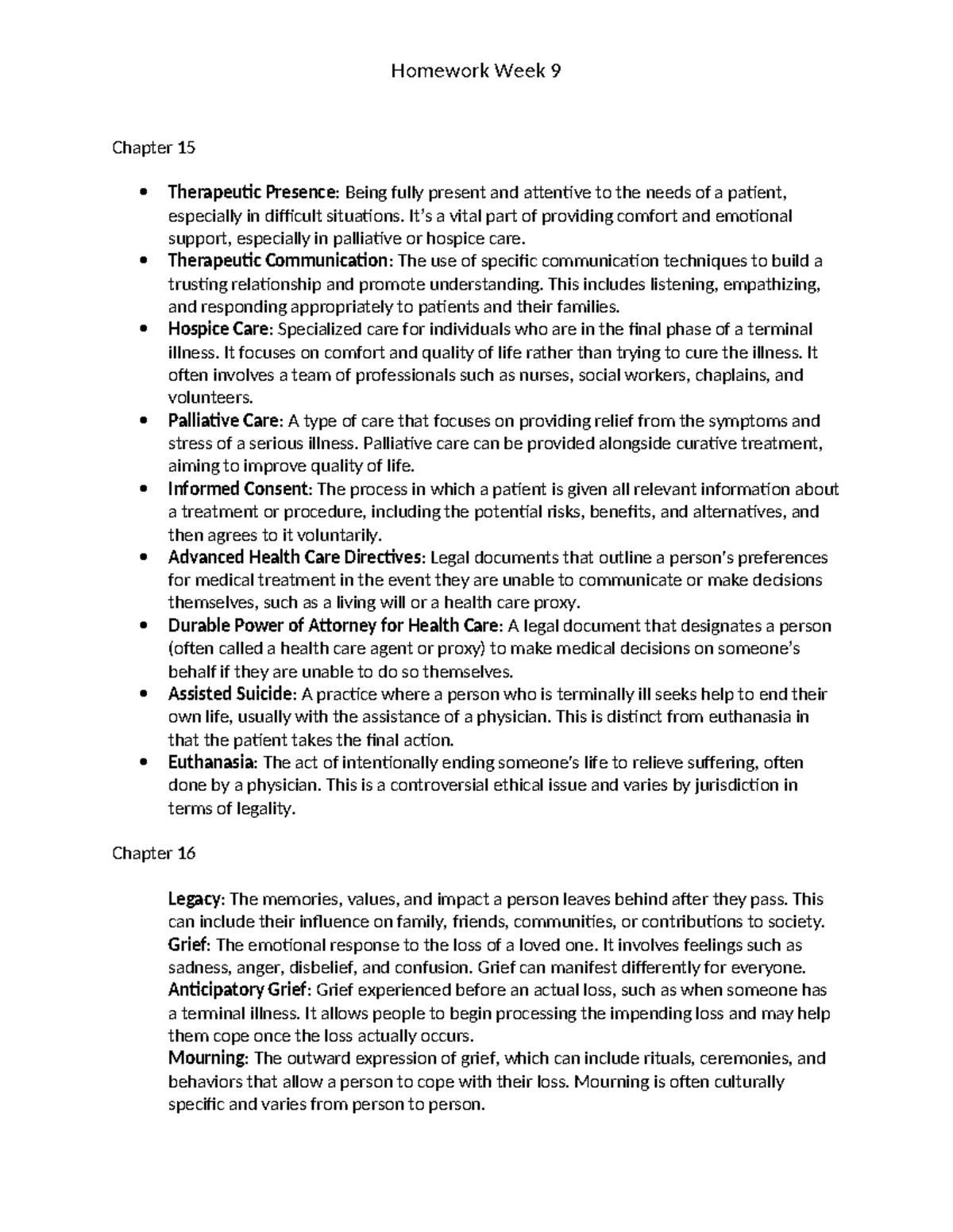 Homework Week 9: Therapeutic Presence & Grief Management Insights - Studocu