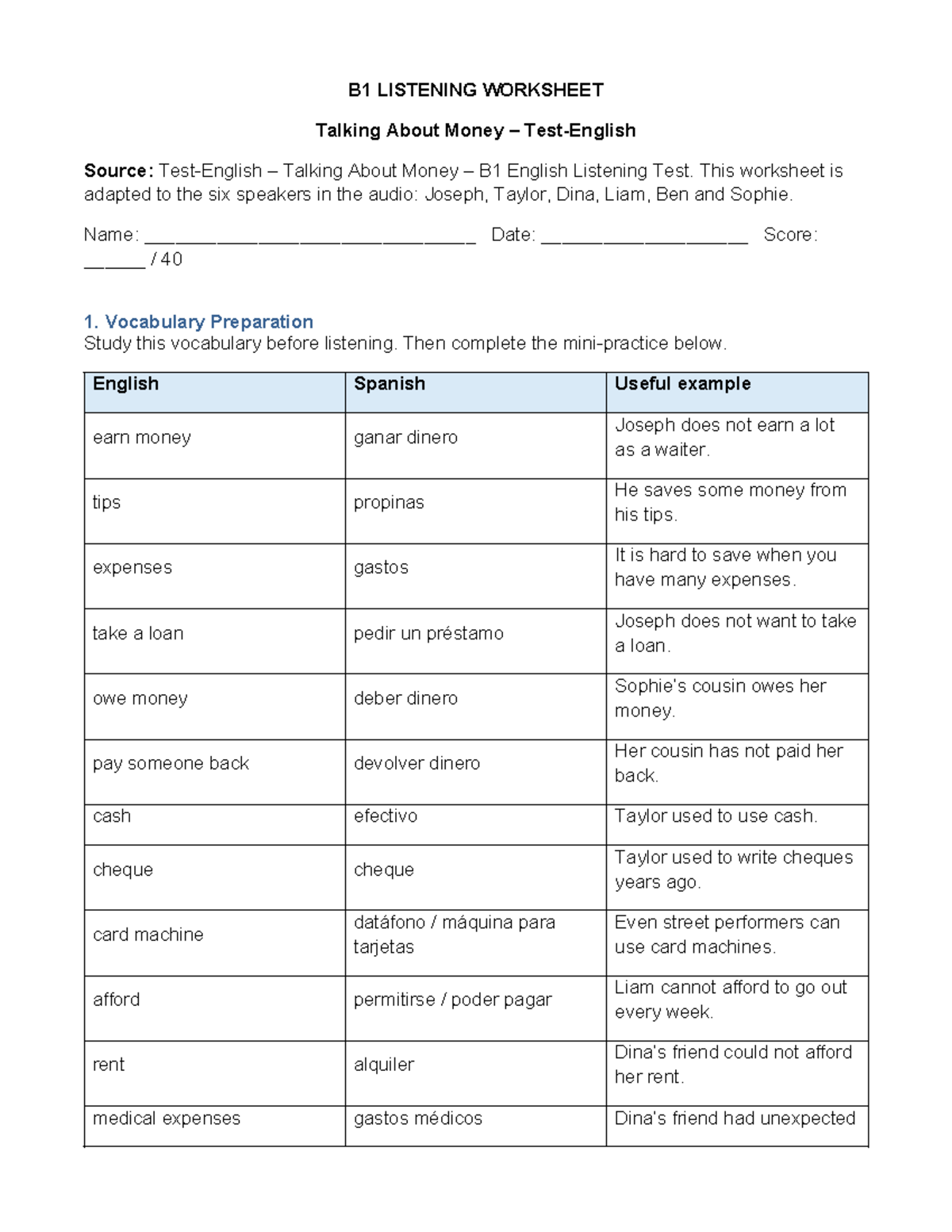 B1 Listening Worksheet: Talking About Money - Corrected Version - Studocu