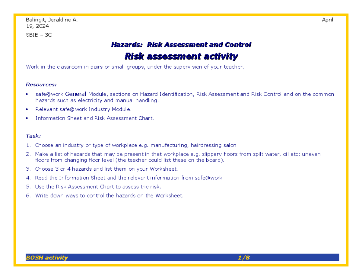 SBIE-3C Risk Assessment & Control: Final Activity Guide - Studocu