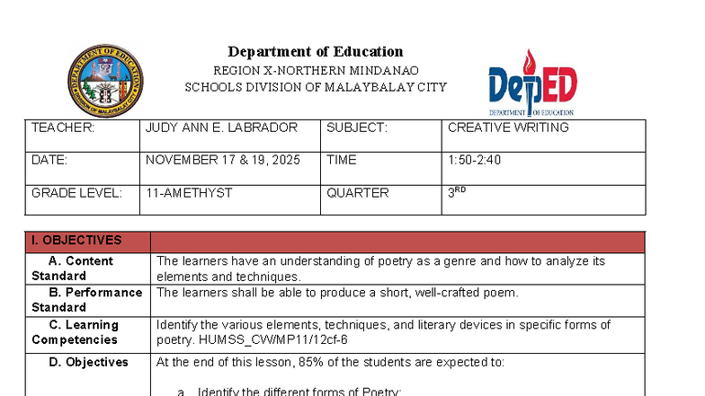 DLP Lesson 2: Exploring Forms of Poetry in Creative Writing - Studocu