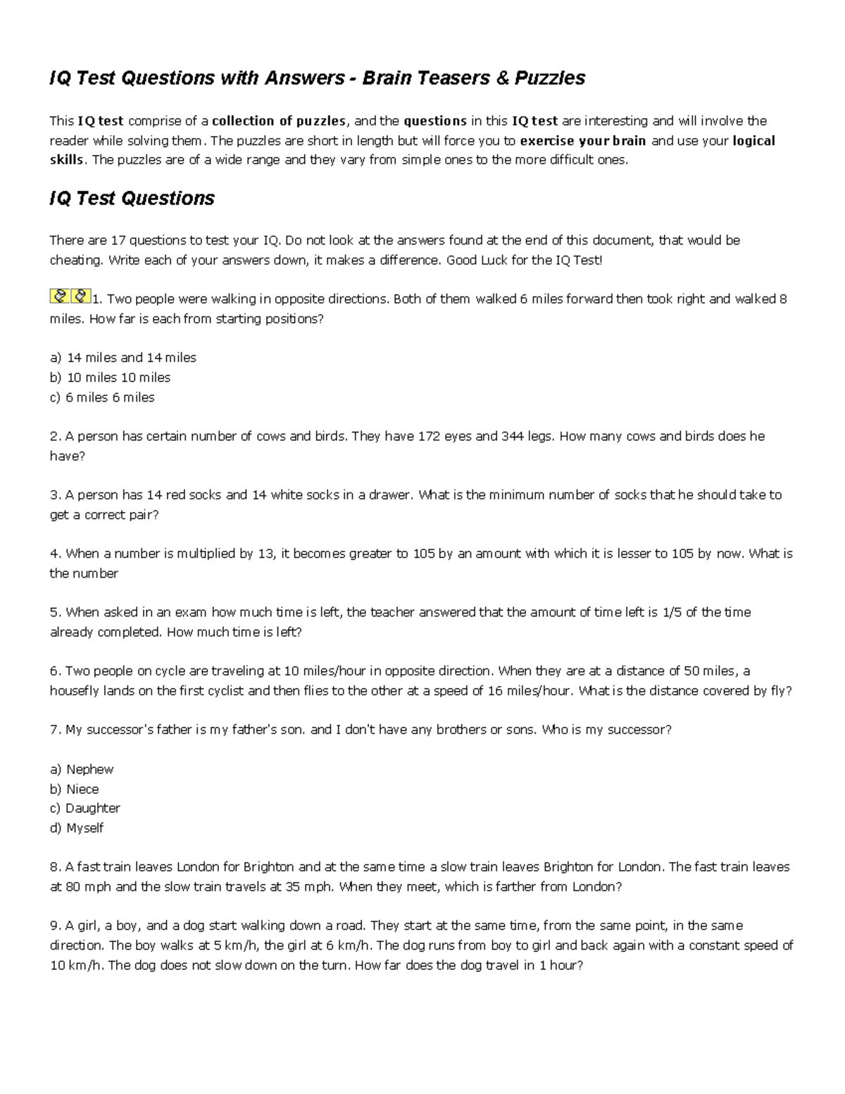 IQ Test (IQT-101): 17 Brain Teasers with Solutions for Practice - Studocu