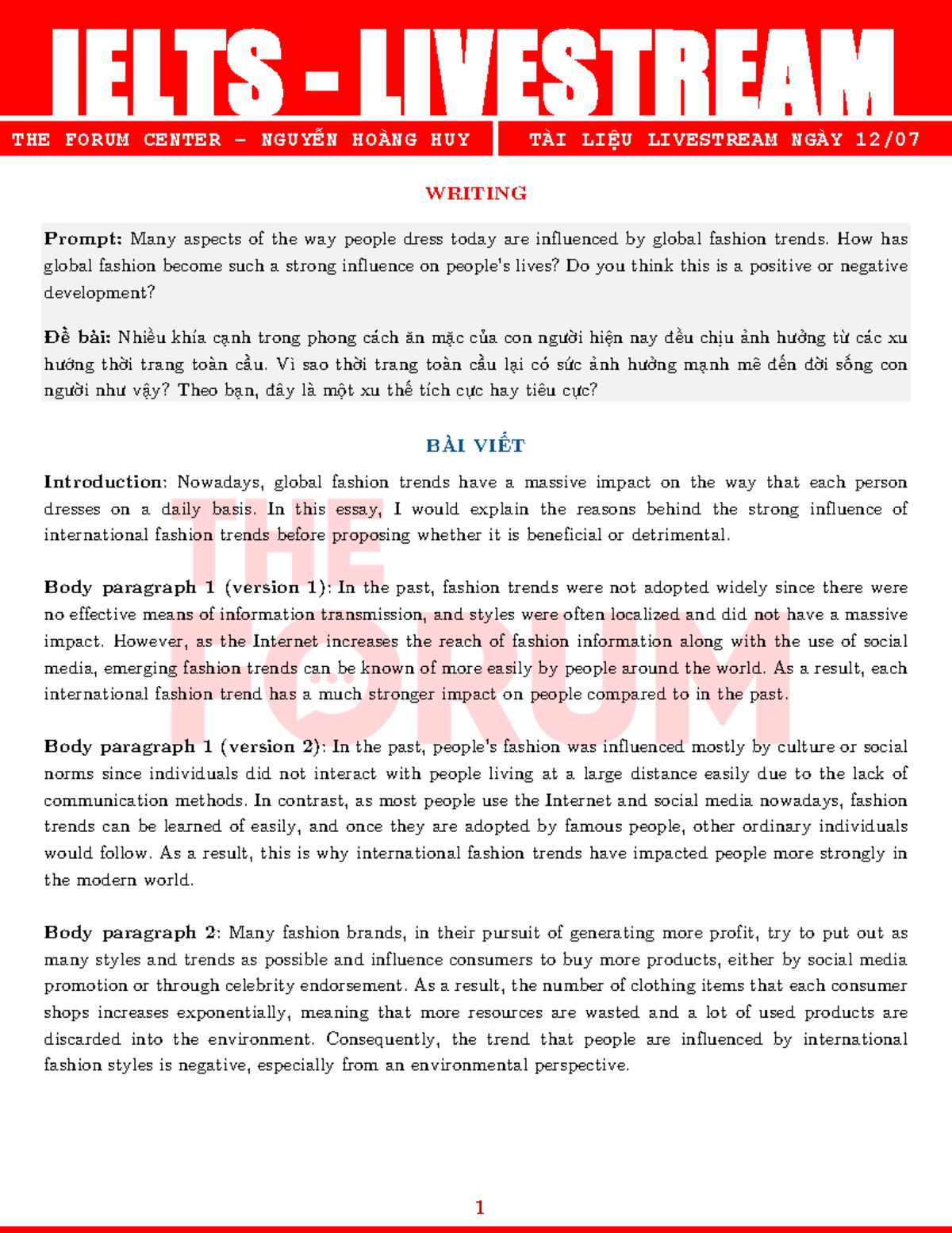 IELTS Writing Prompt Analysis: Global Fashion Trends Impact - Studocu